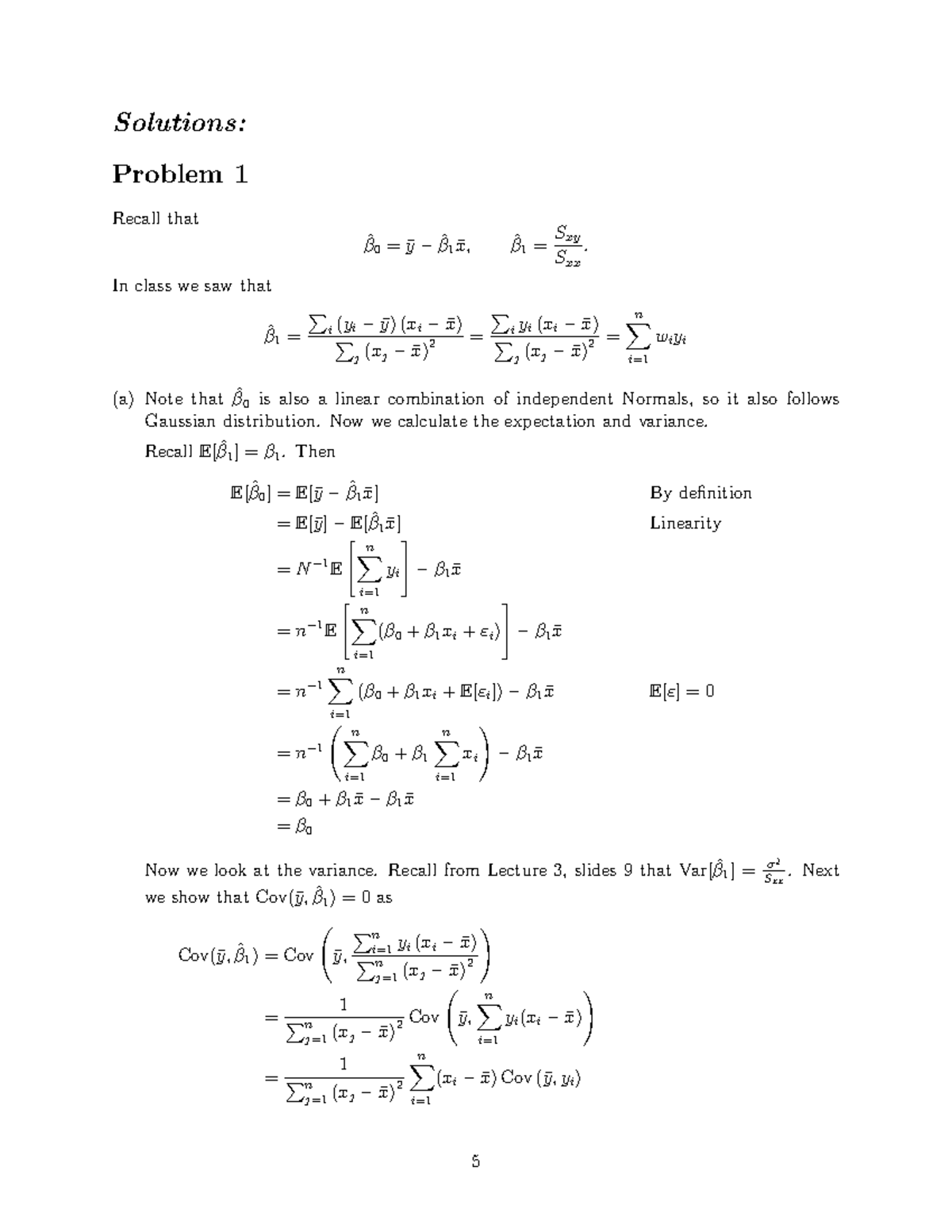 A1 solutions - Solutions: Problem 1 Recall that ˆ β 0 = ̄y − ˆ β 1 x, ̄ ...