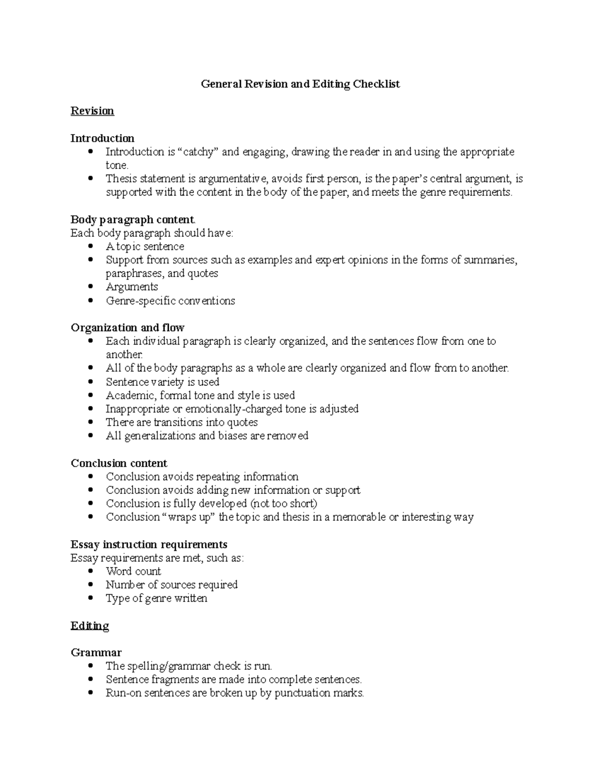 General editing check list - General Revision and Editing Checklist ...