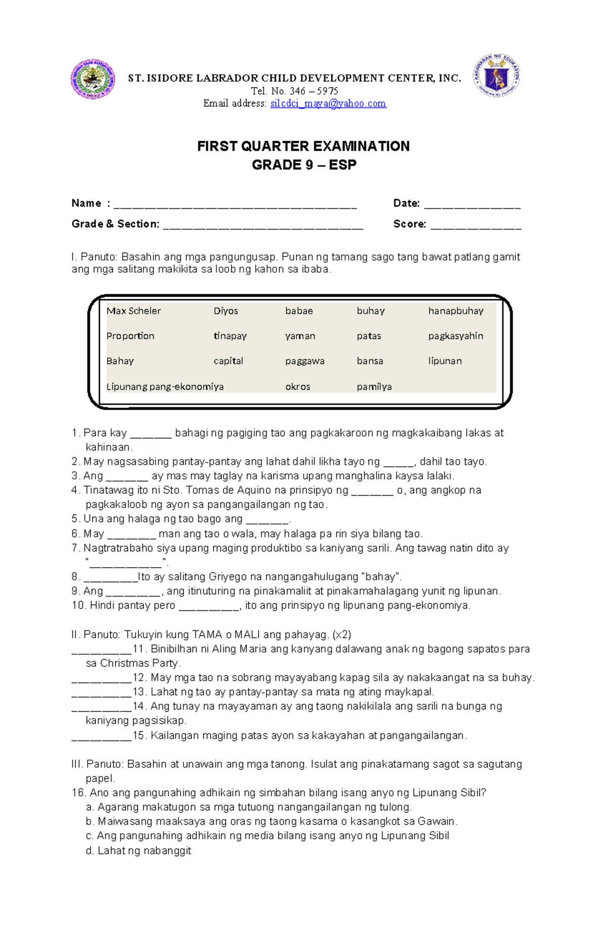 EDUKASYON SA PAGPAPAKATAO GRADE 9 FIRST QUARTER EXAM 2024 - ST. ISIDORE ...