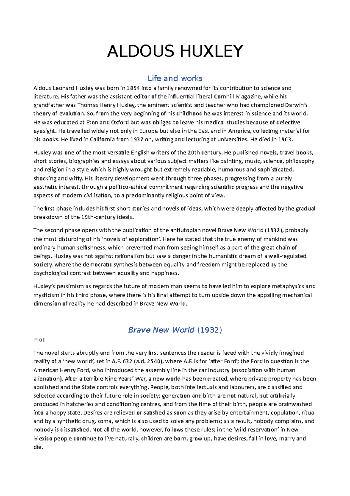 Aldous Huxley - Summary - ALDOUS HUXLEY Life and works Aldous Leonard ...