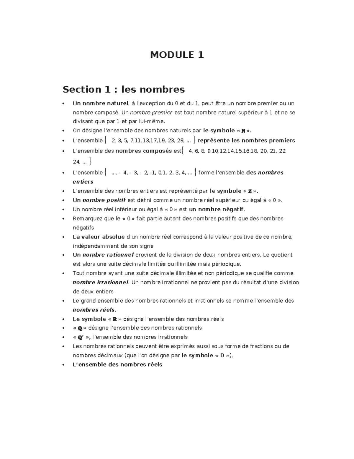 Resume module 01 - MODULE 1 Section 1 : les nombres Un nombre naturel ...