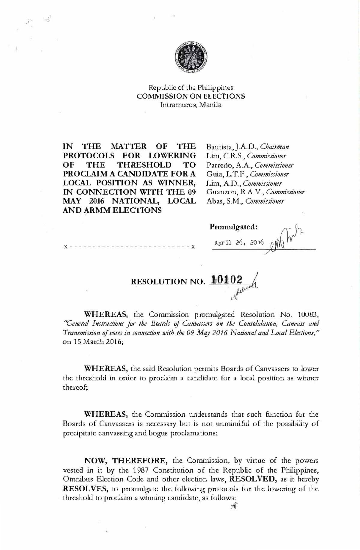 Comelec Resolution 10102 Threshold TO Proclaim A Candidate AS Winner ...
