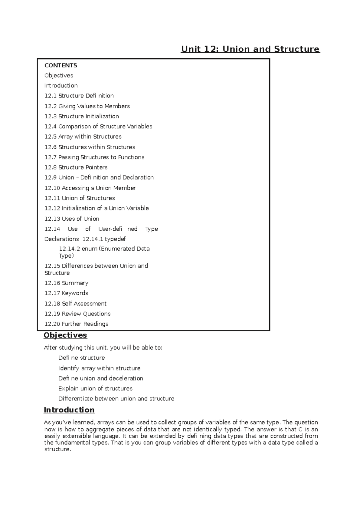 Unit 12 - notes - Unit 12: Union and Structure CONTENTS Objectives ...