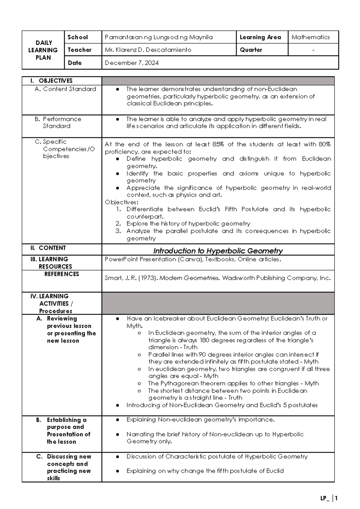 Modern Geometry-DLP - example lesson plan - LP_ │ 1 I. OBJECTIVES A ...