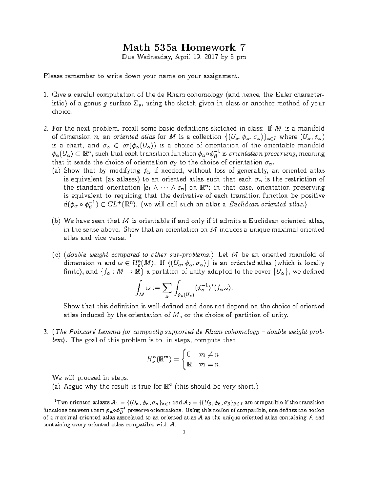 Math 535a Homework 7 - Give a careful computation of the de Rham ...