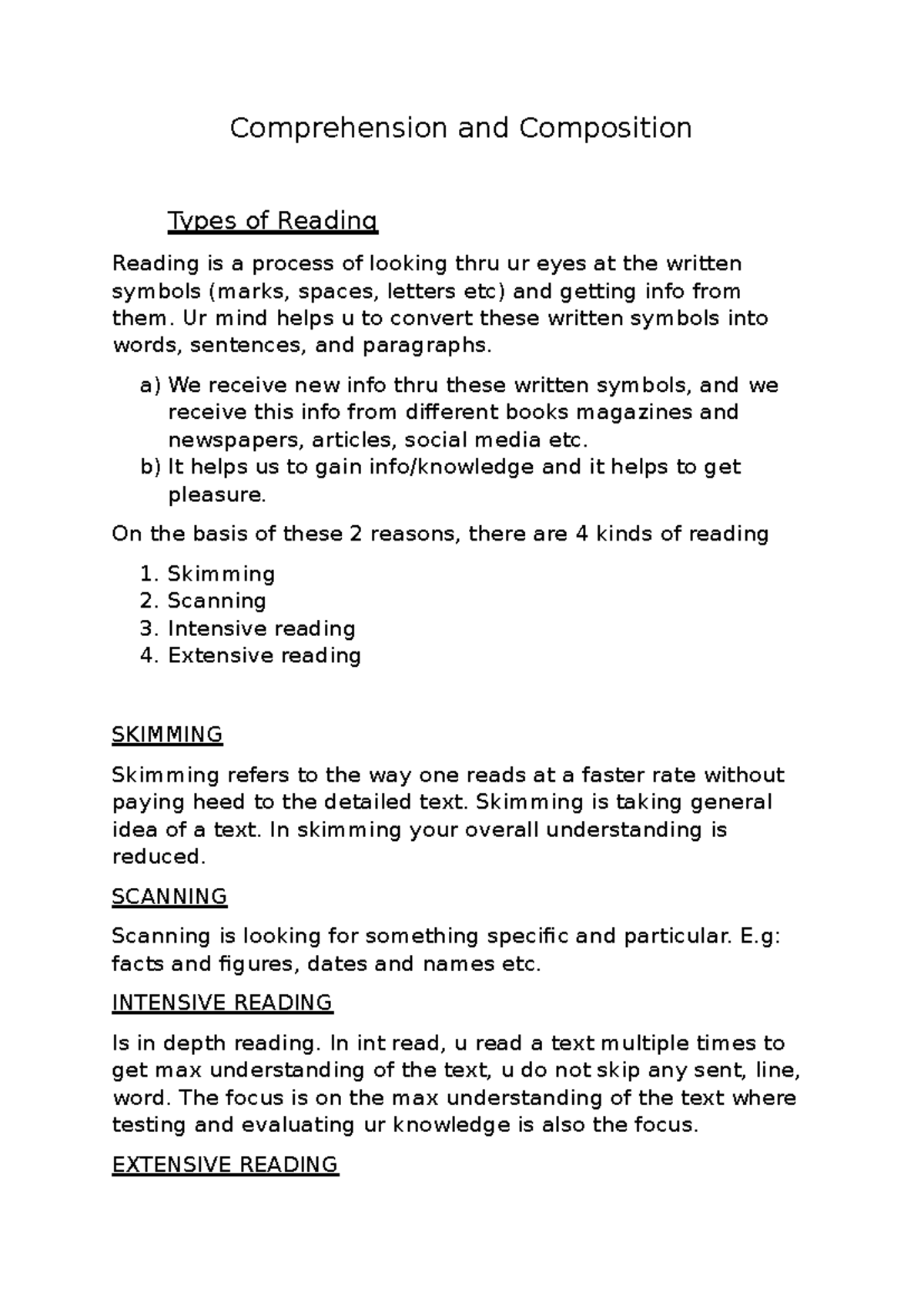 Eng6 - Comprehension and Composition Types of Reading Reading is a ...