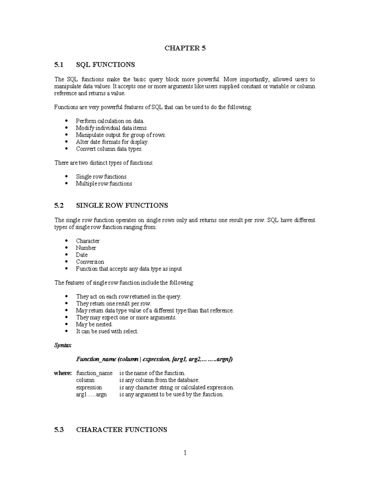 Practical Exercise 5 - Notes,chapter 5 - CHAPTER 5 5 SQL FUNCTIONS The ...