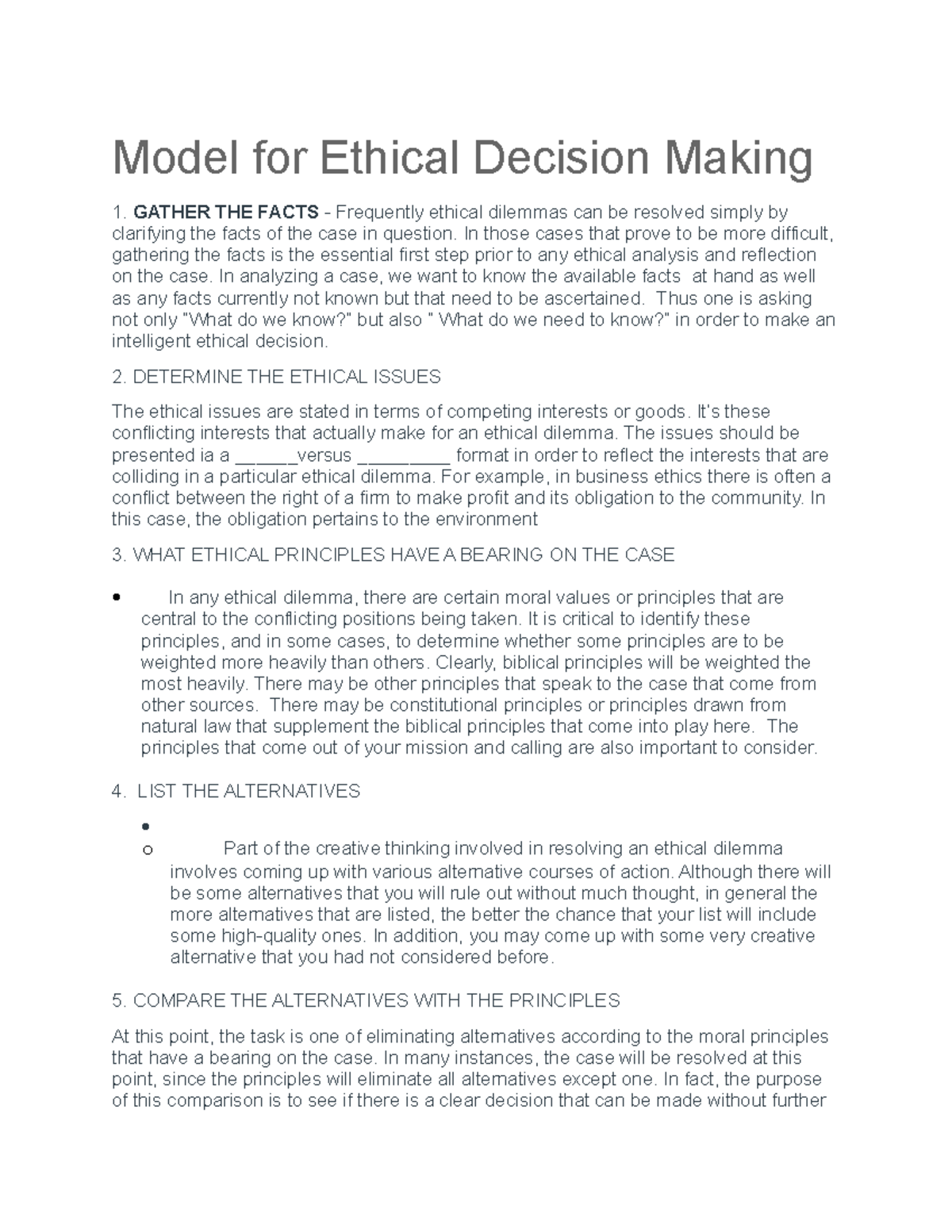 WEEK5 Model for Ethical Decision Making - Model for Ethical Decision Making GATHER THE FACTS ...