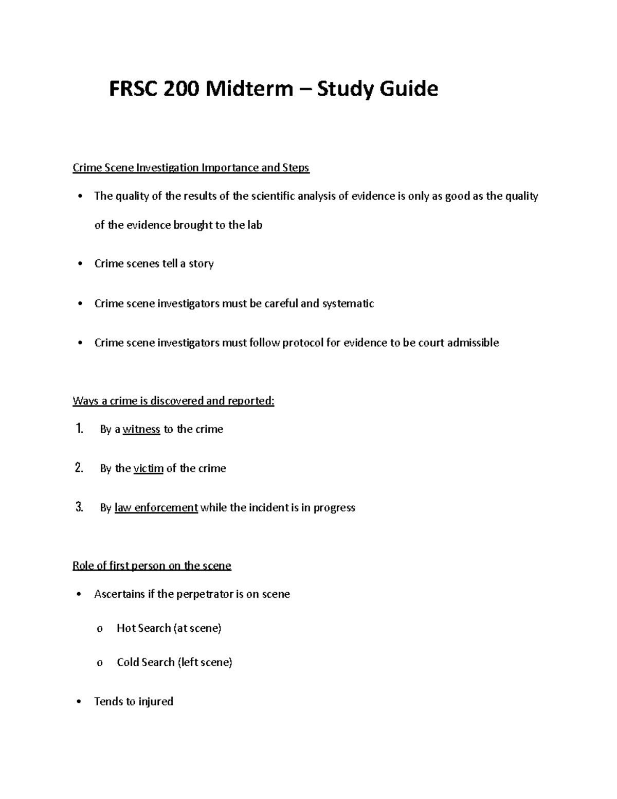 FRCS200Midterm study guide - FRSC 200 Midterm – Study Guide Crime Scene ...