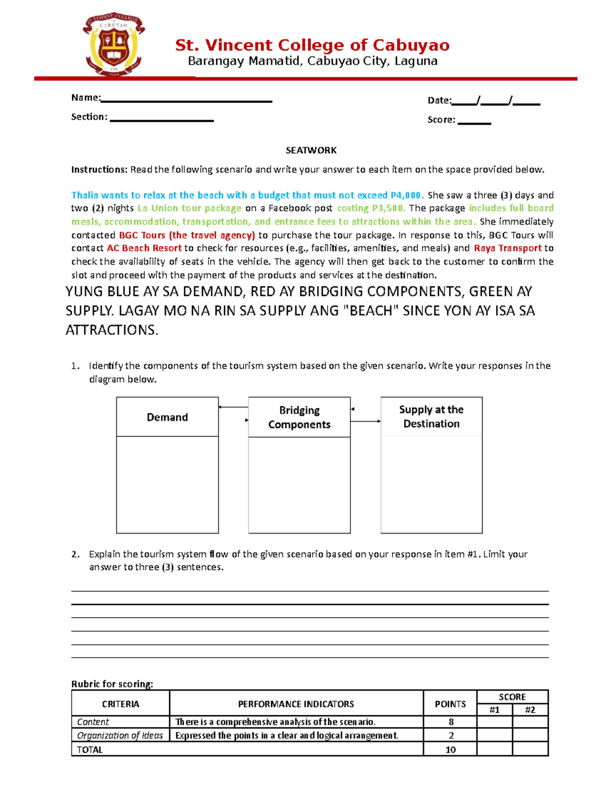 Lesson 3 Seatwork - It will help you practice the tourism flow. - St ...