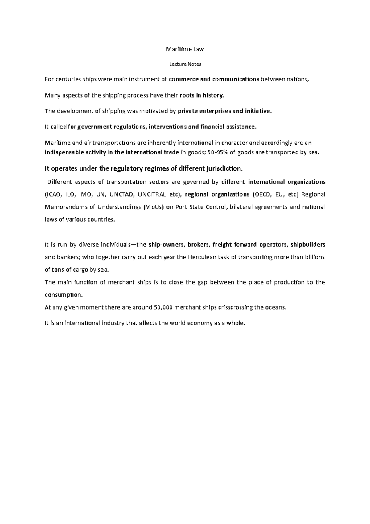 Maritime Class 15Dec 2022 - Maritime Law Lecture Notes For centuries ...