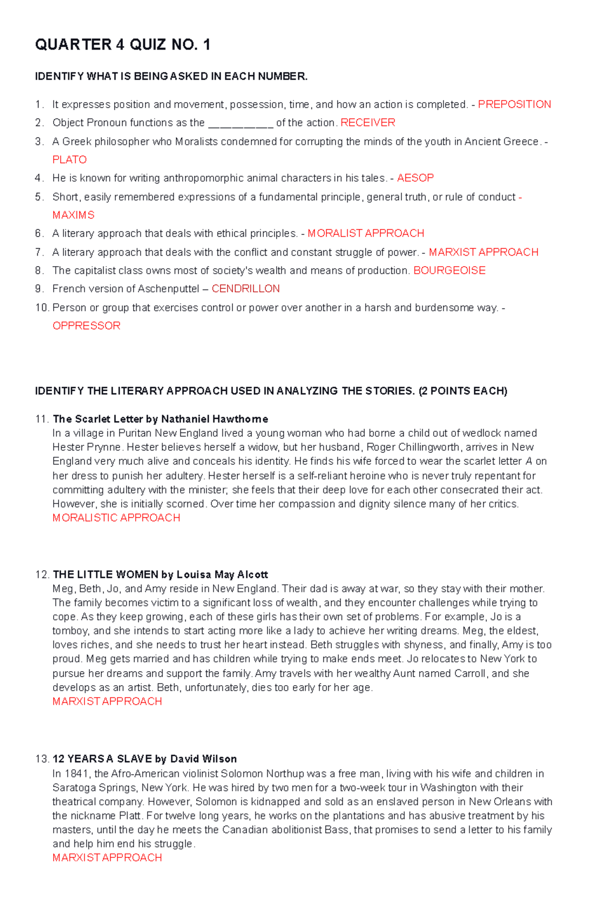 Literary Approaches and Objective Pronoun Quiz for Grade 10 - QUARTER 4 ...