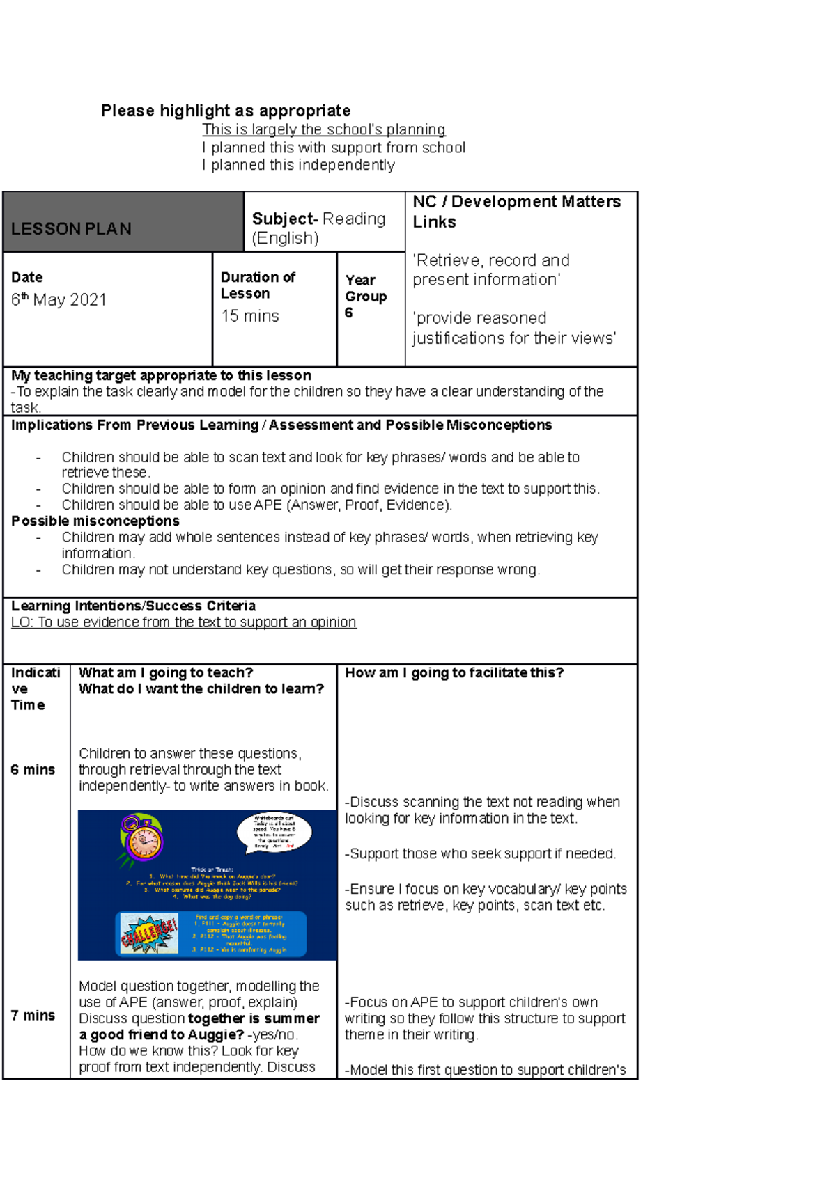 Lesson plan- Reading- LO- To use evidence from the text to support an ...