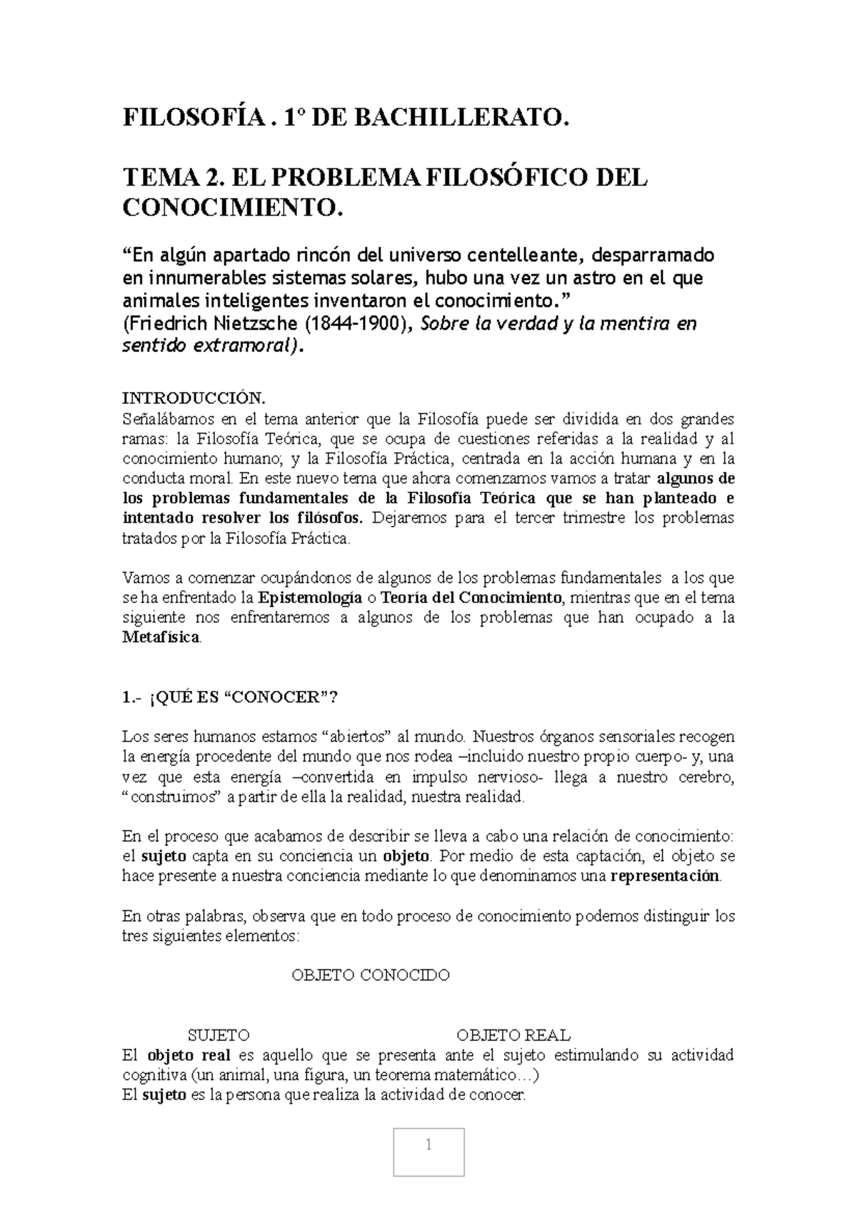 Tema 2. El problema filosófico del conocimiento - FILOSOFÍA. 1º DE BACHILLERATO. TEMA 2. EL ...