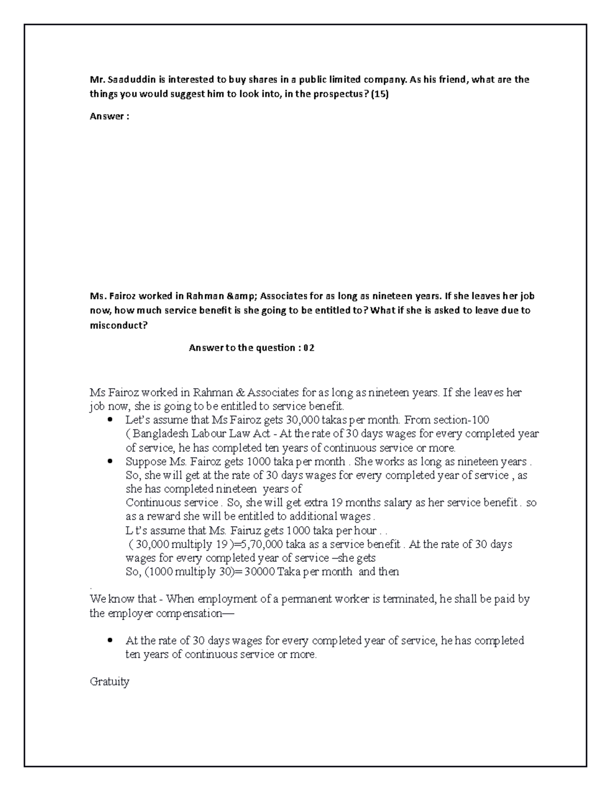 Final assignment of LAW - Mr. Saaduddin is interested to buy shares in ...