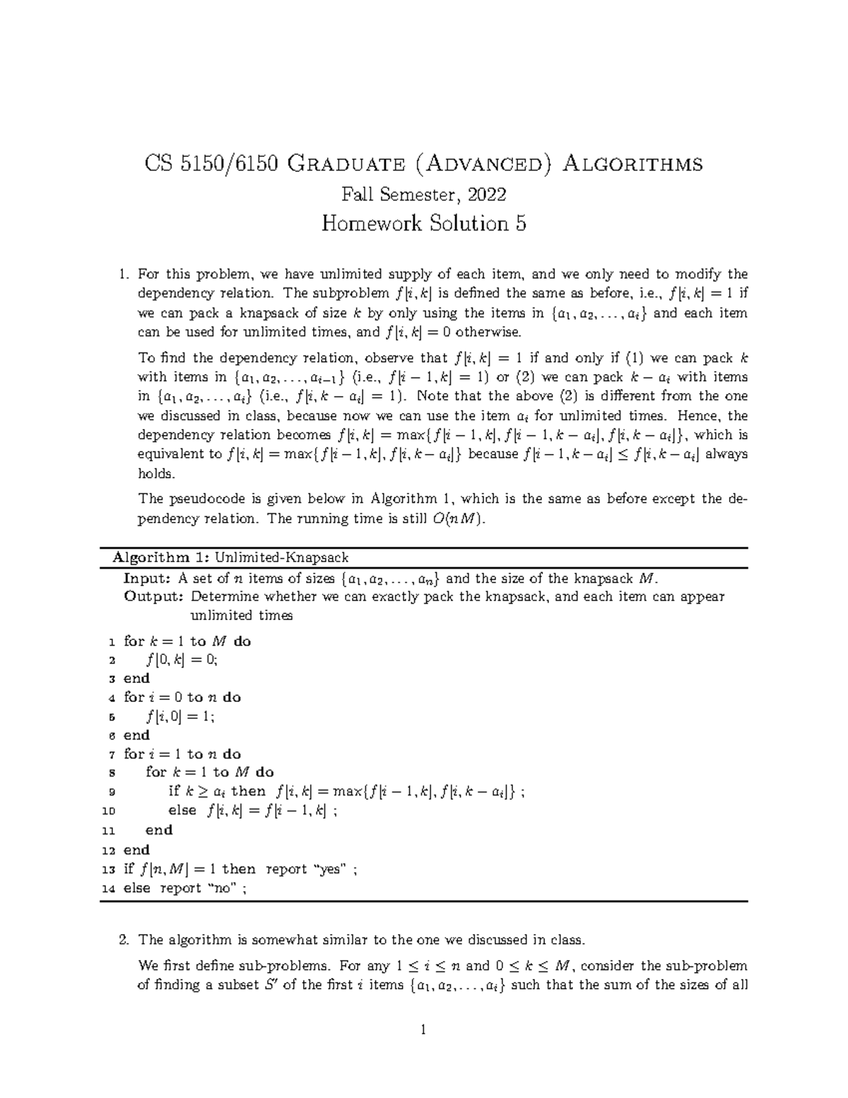 Solution 5 Assignment Cs 51506150 Graduate Advanced Algorithms Fall Semester 2022 