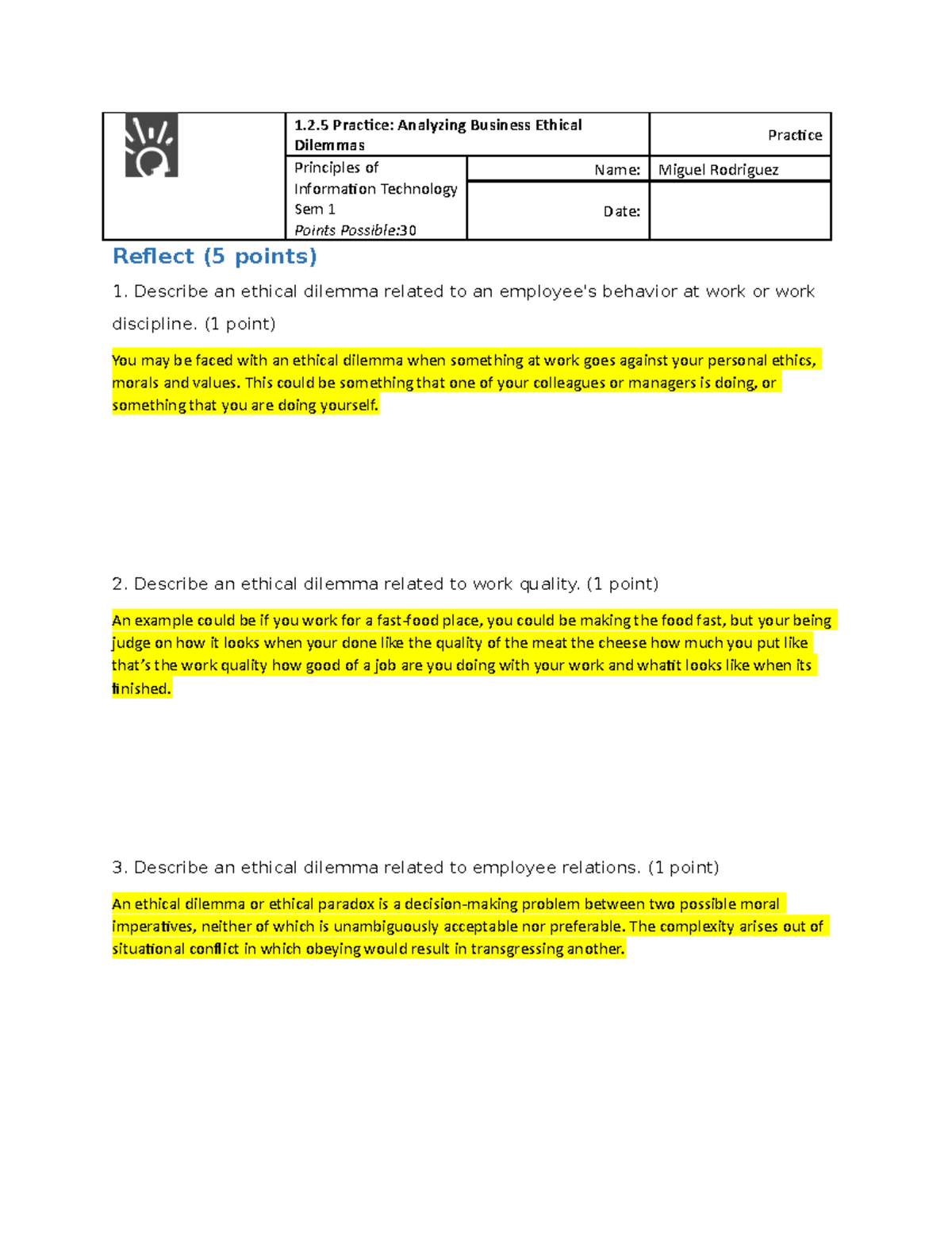 1.2.5 Practice Analyzing Business Ethical Dilemmas - 1.2 Practice ...