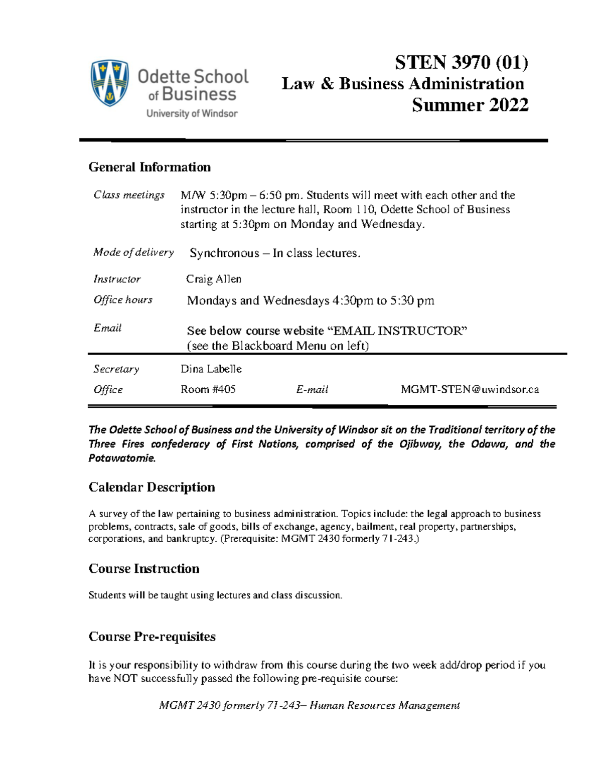 Course Syllabus - Business Law - General Information Class meetings M/W ...