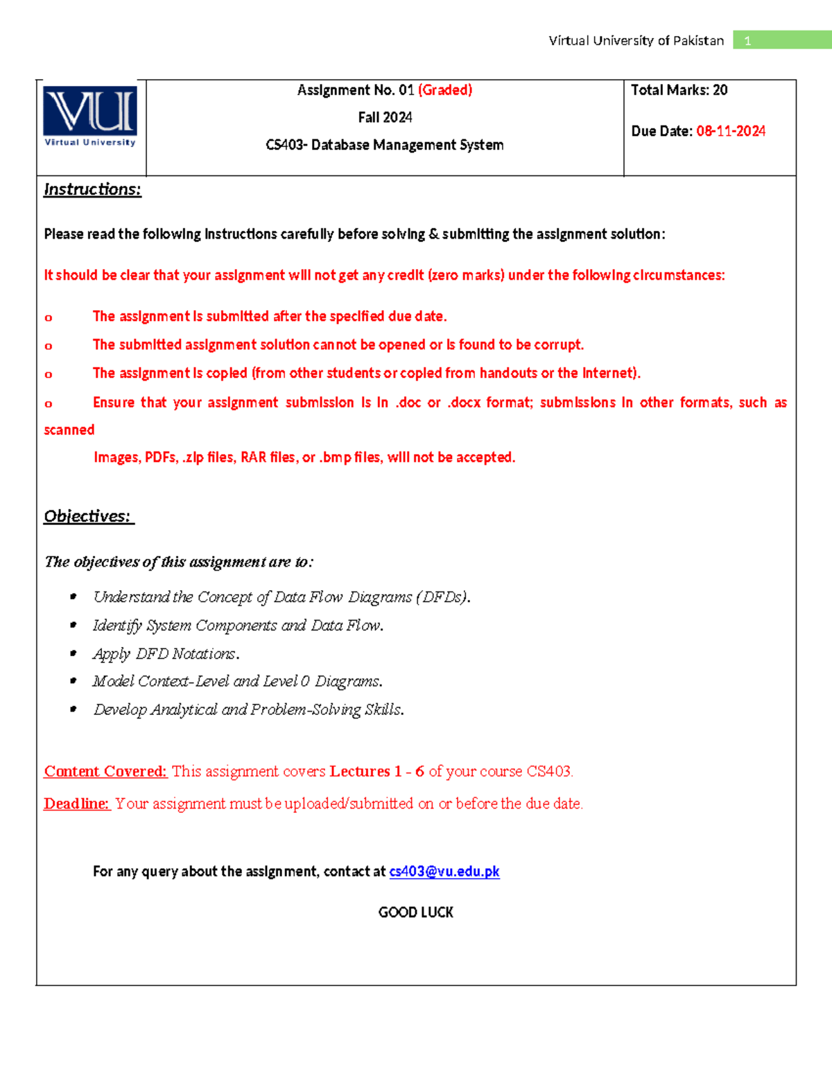 Fall 2024 CS403 1 - assignment of cs304 - Virtual University of Pakistan 1 Assignment No. 01 ...