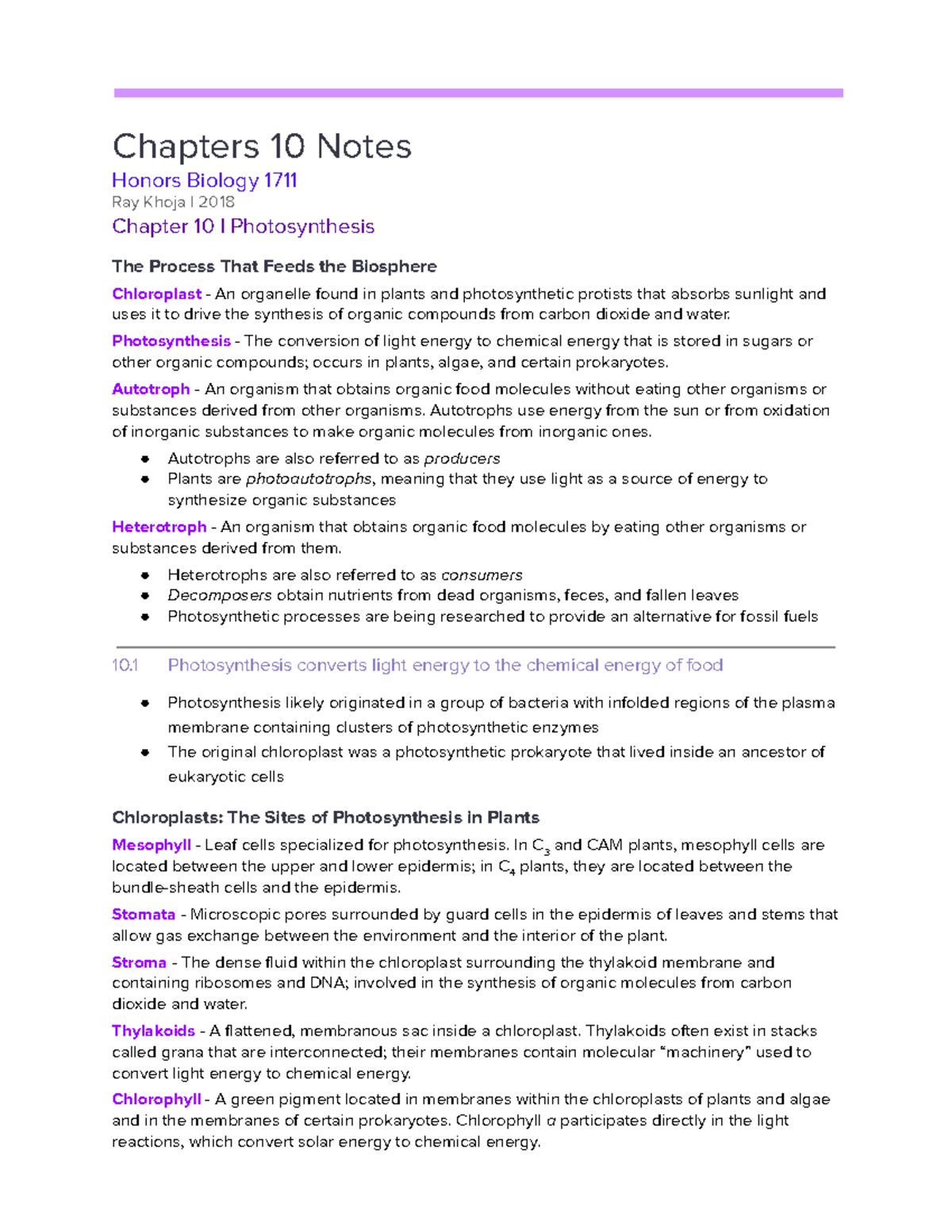 Chapter 10 - Photosynthesis - Chapters 10 Notes Honors Biology 1711 Ray ...