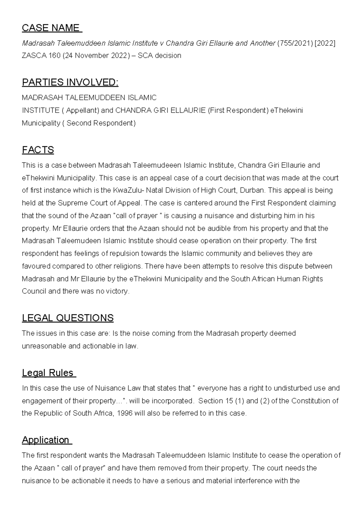Case summary example - CASE NAME Madrasah Taleemuddeen Islamic ...