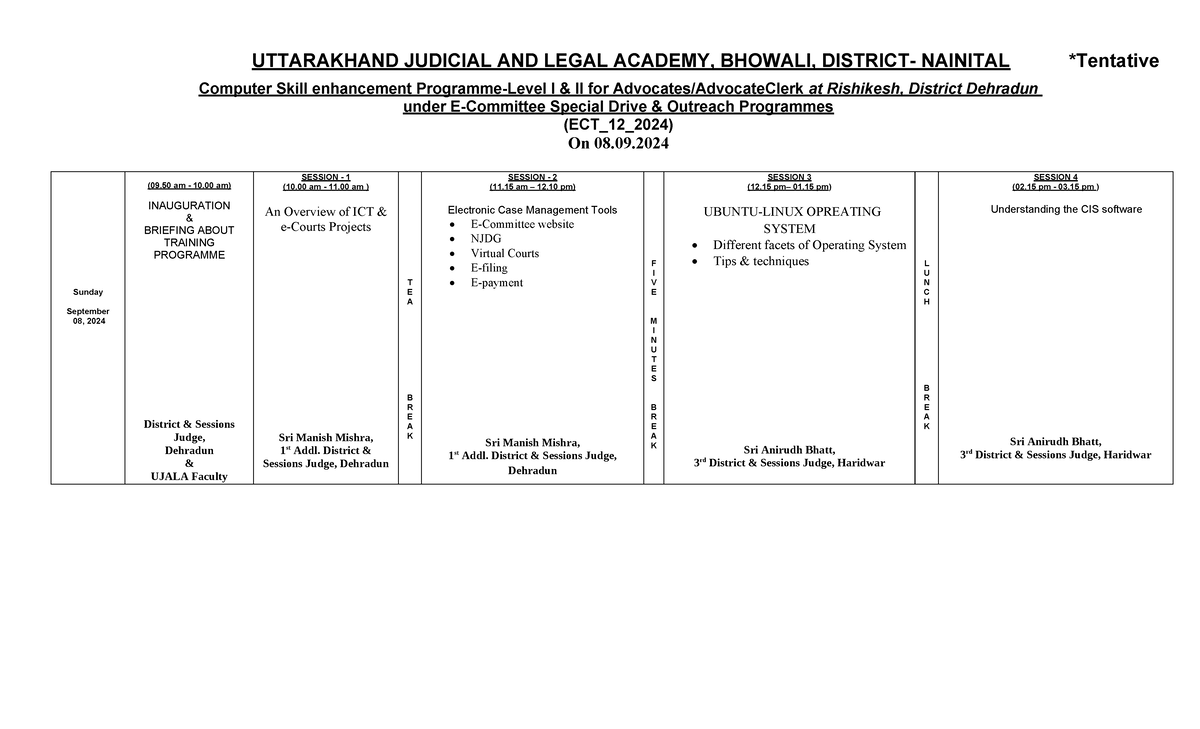 Tentative Timetable ECT at Rishikesh - UTTARAKHAND JUDICIAL AND LEGAL ...