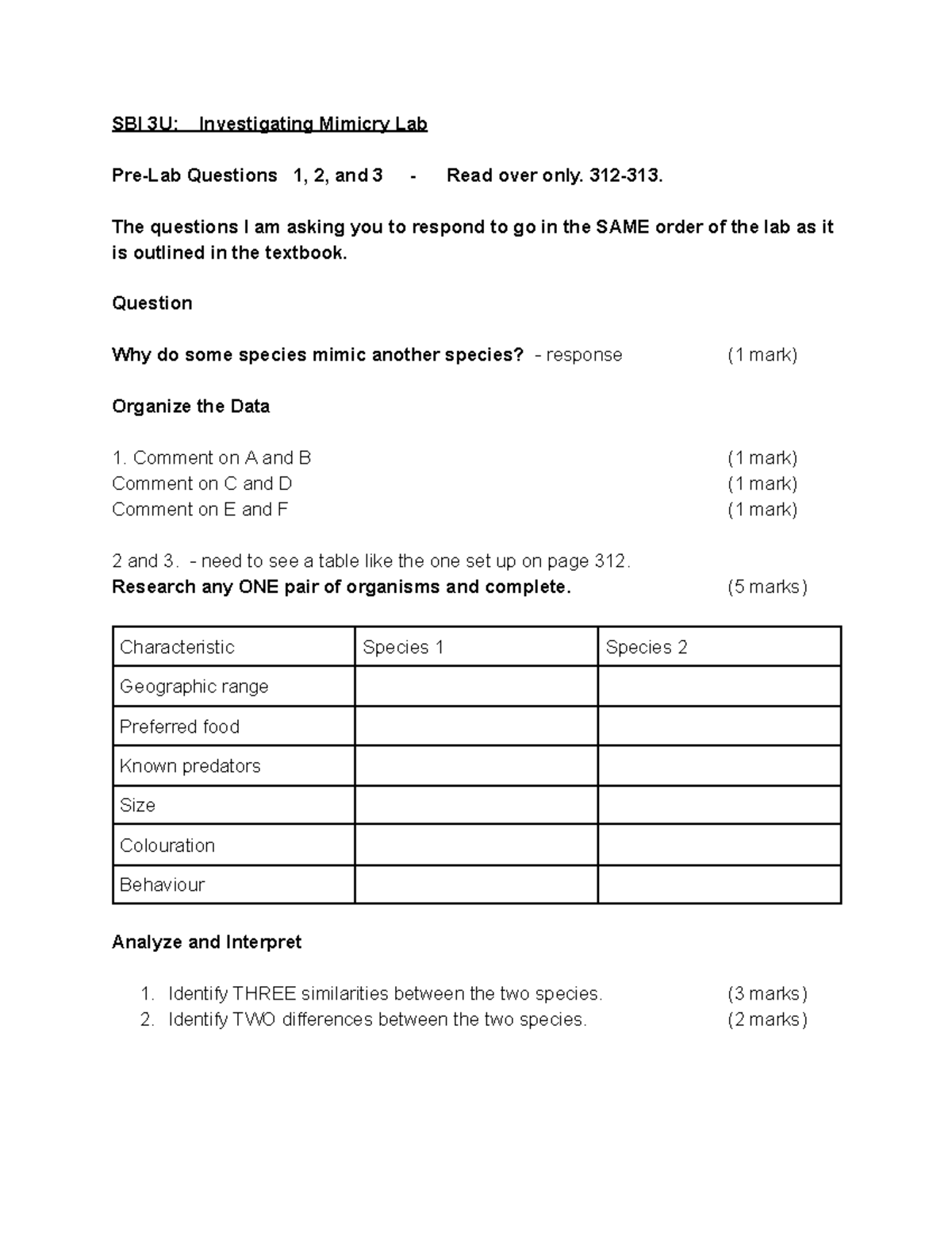 SBI 3U Investigating Mimicry Lab Outline - SBI 3U: Investigating ...