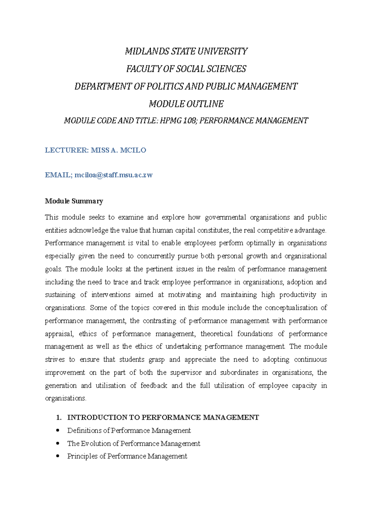 HPMG 108 Performance Management Course Outline & Tutorials-1 - MIDLANDS ...