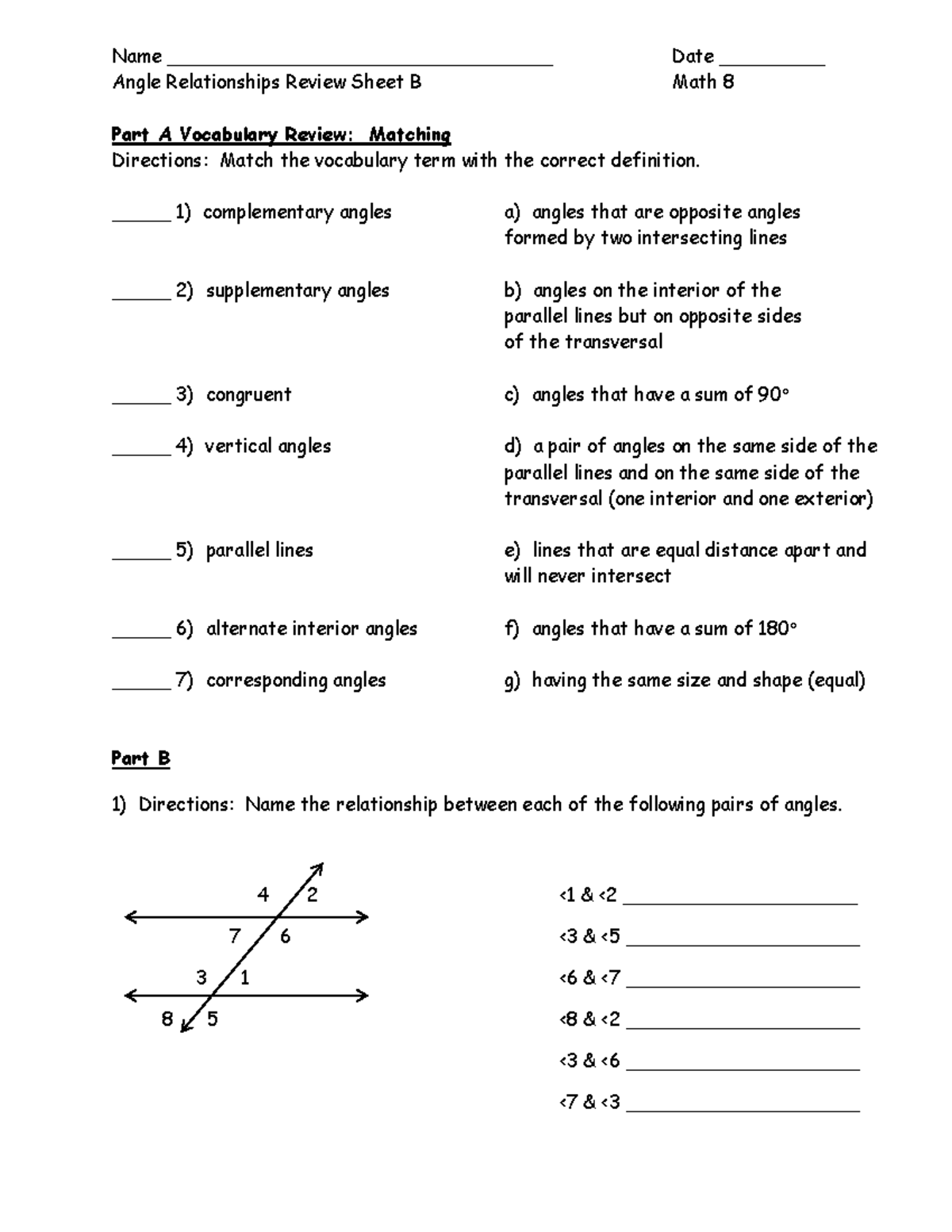 Angle Relationships Review Sheet B - Name ...