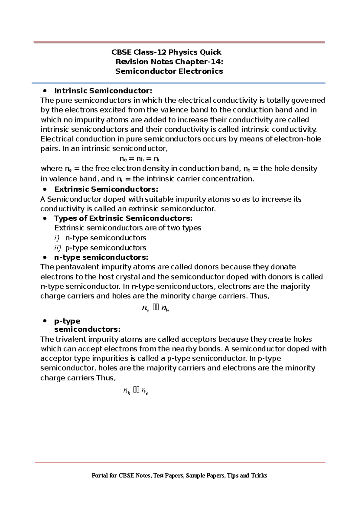 12 physics notes ch14 semiconductor electronics - ####### CBSE Class-12 ...