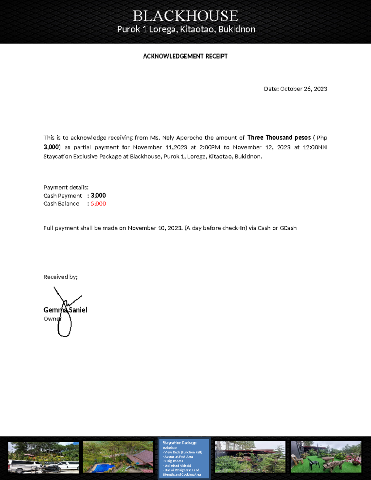 Doc2 - Purok 1 Lorega, Kitaotao, Bukidnon BLACKHOUSE Staycation Package ...