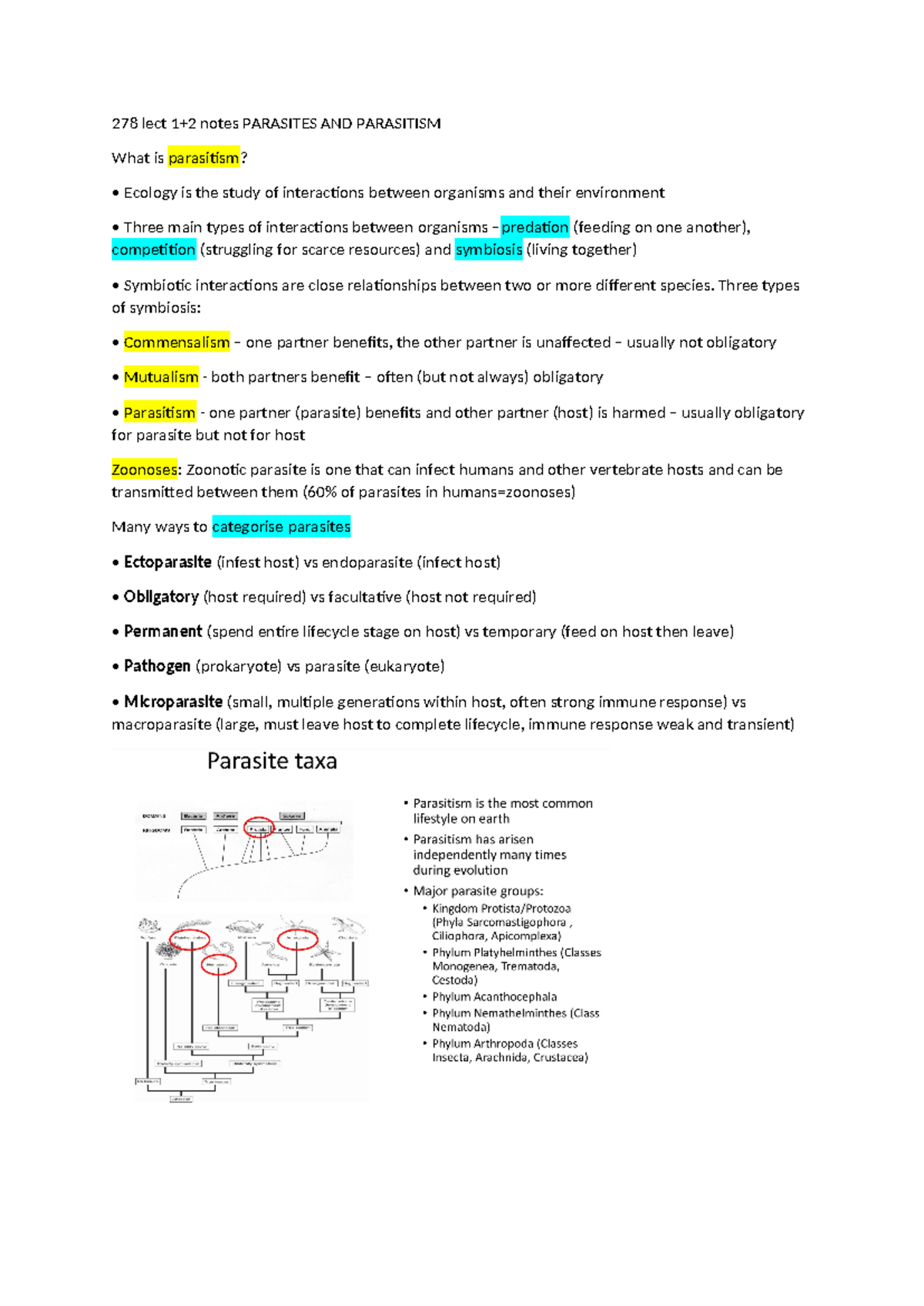 Lect 1+2 notes Parasites AND Parasitism - 278 lect 1+2 notes PARASITES ...