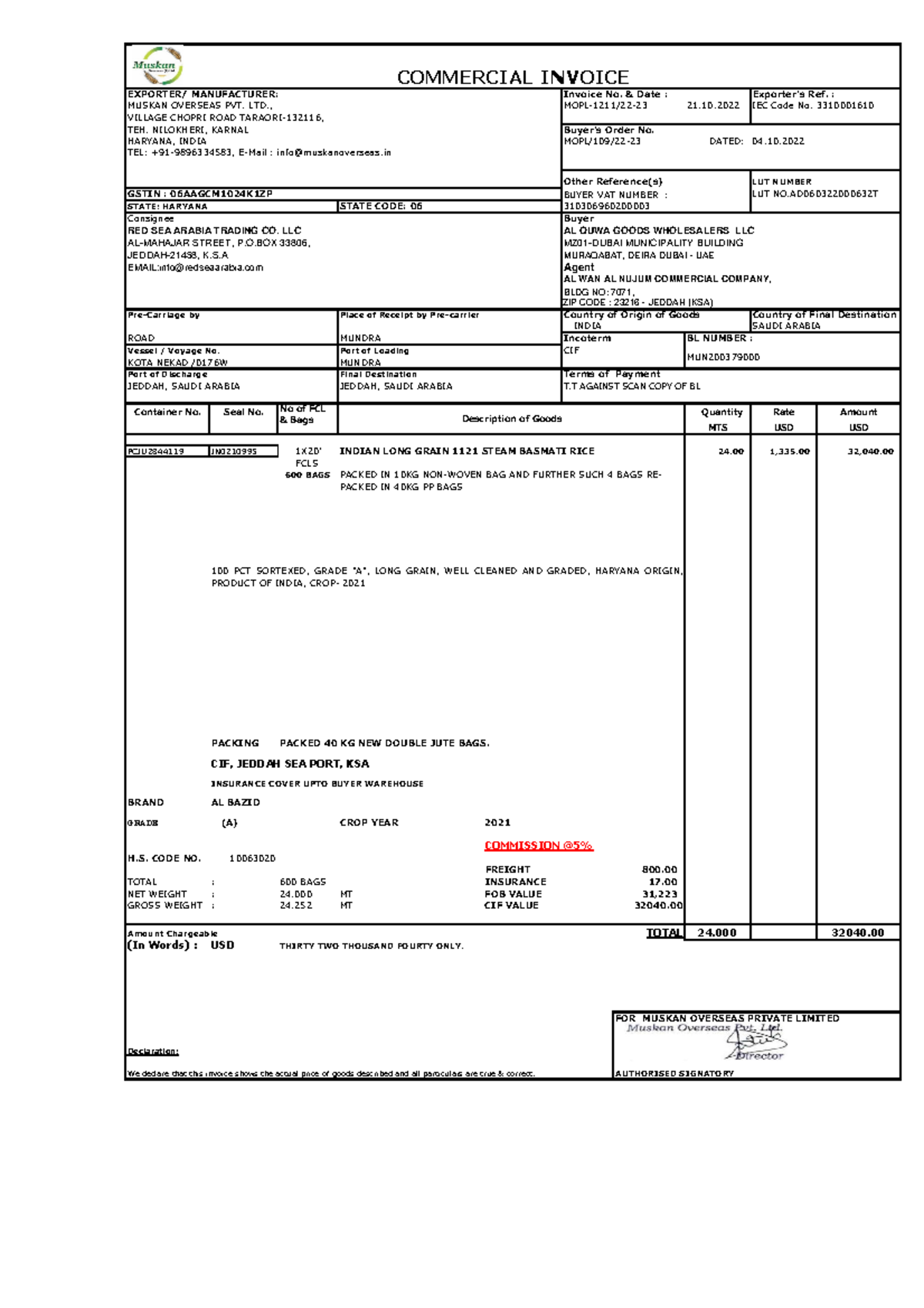 Commercial INV-AL QUWA - Buyer EXPORTER/ MANUFACTURER: Invoice No ...