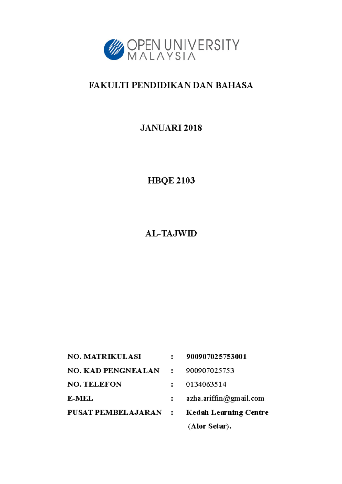 Assgn Template - Subjek HBQE 2103 merupakan satu kursus wajib yang ...