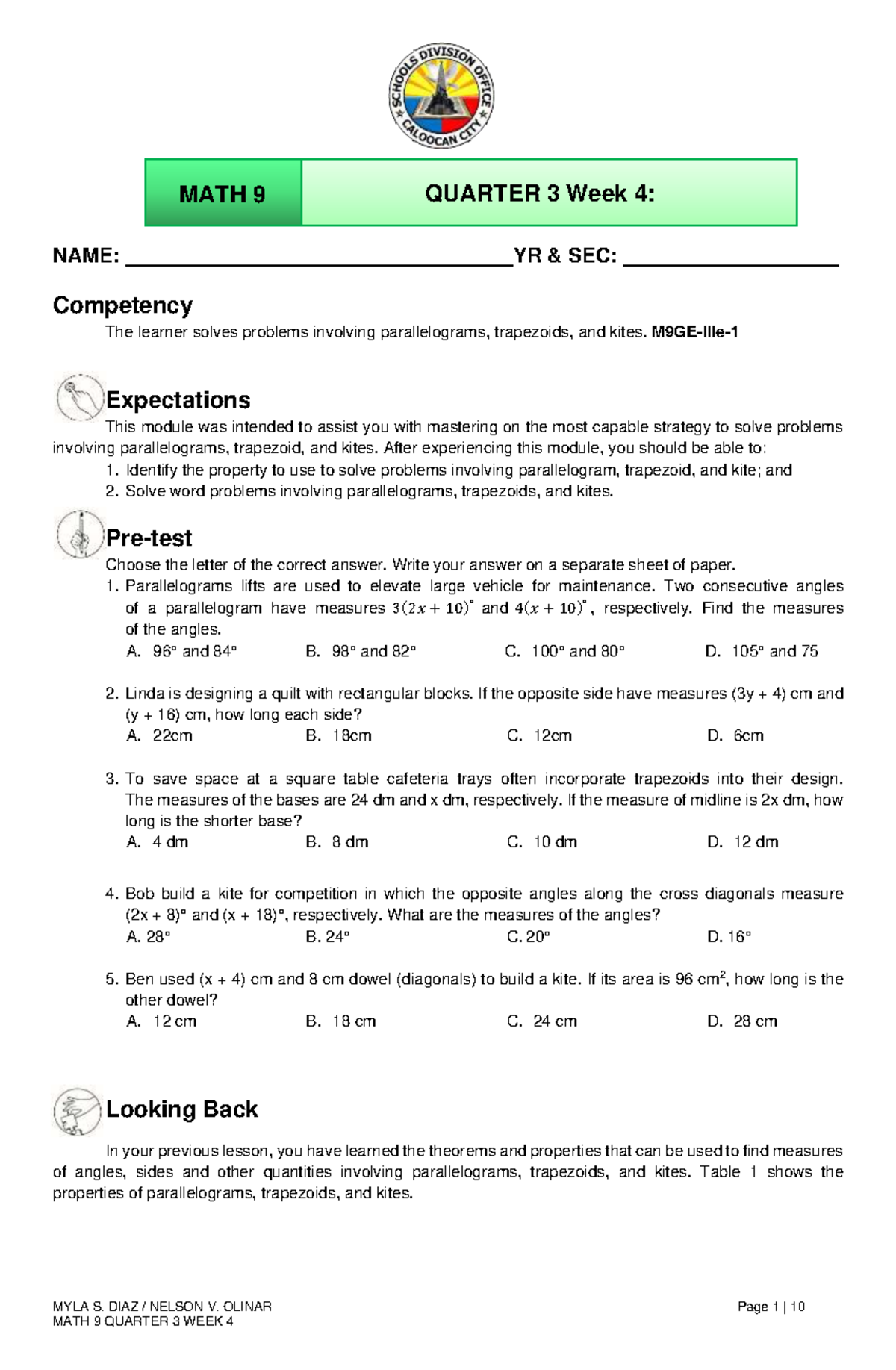Math 9 Q3 Week 4 - math - MYLA S. DIAZ / NELSON V. OLINAR Page 1 | 10 ...