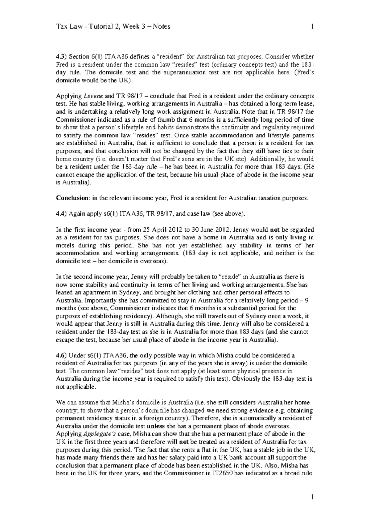 Tutorial work - all - Tax Law - Tutorial 2, Week 3 – Notes 1 1 Section ...