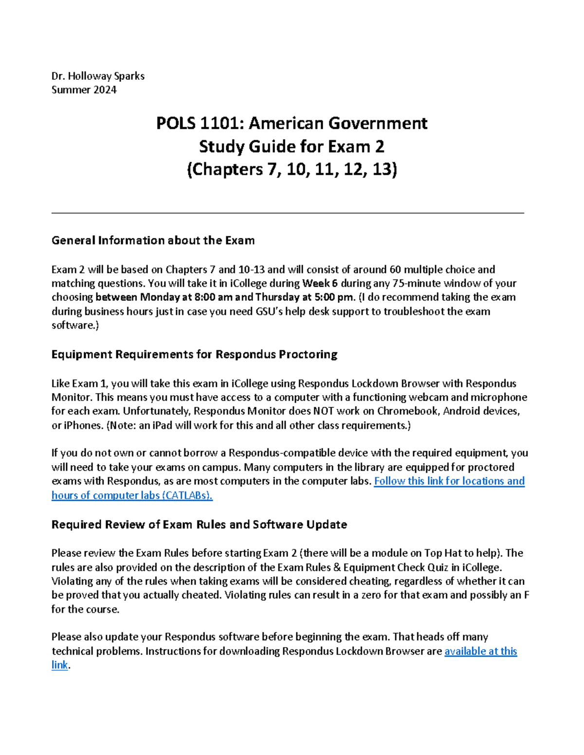 Sparks Exam 2 Study Guide Sum24 - Dr. Holloway Sparks Summer 2024 POLS ...