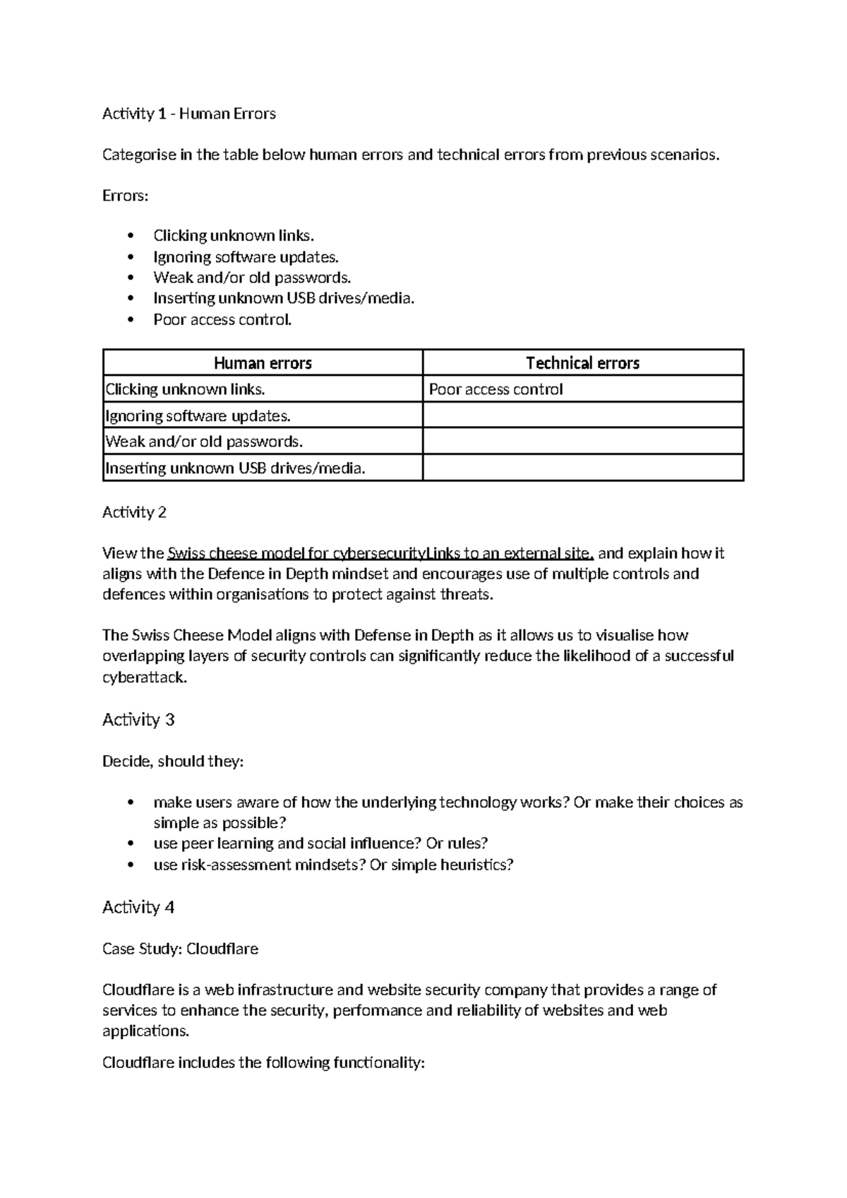 Activity 1 - notes - Activity 1 - Human Errors Categorise in the table ...