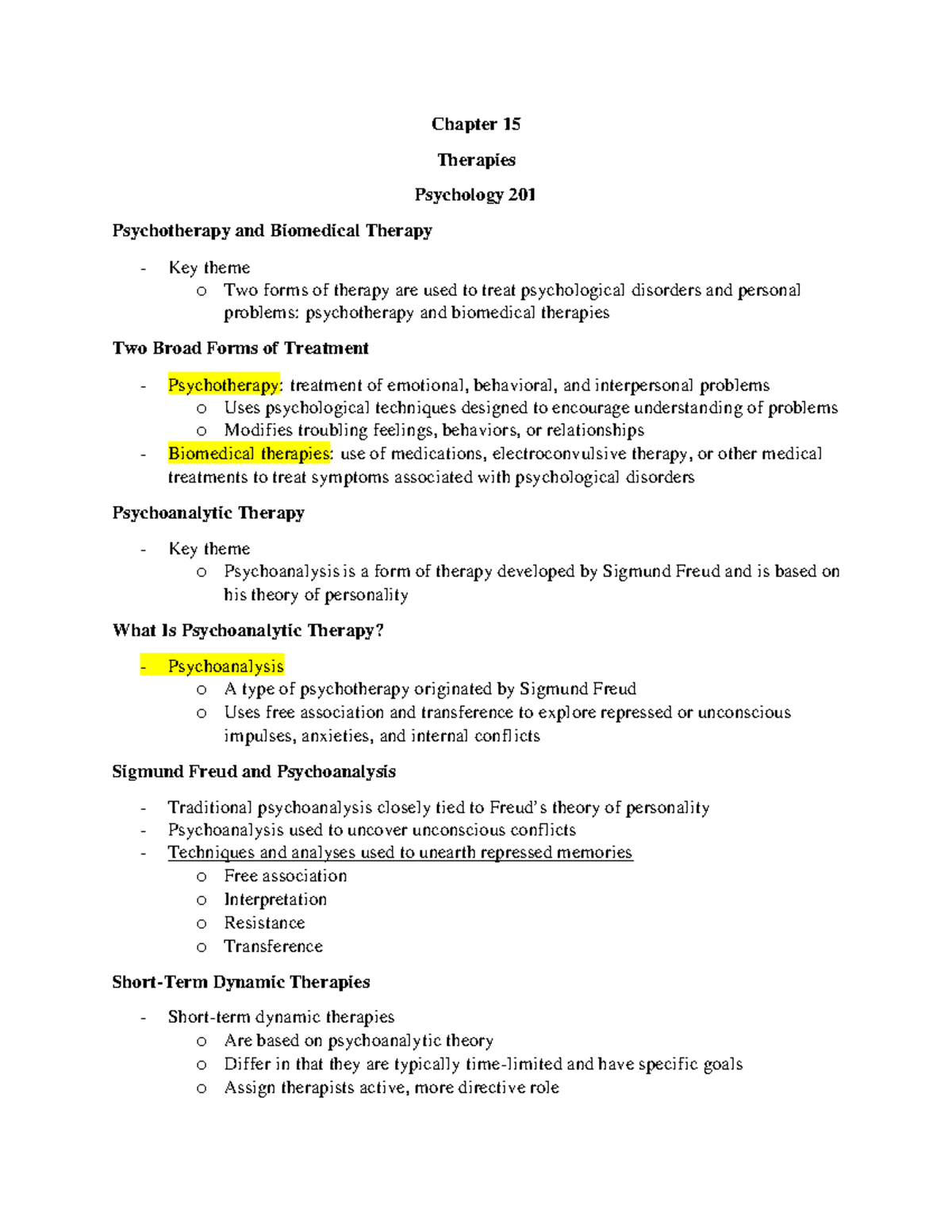 Psyc 201 Chapter 15 - Chapter 15 Therapies Psychology 201 Psychotherapy ...