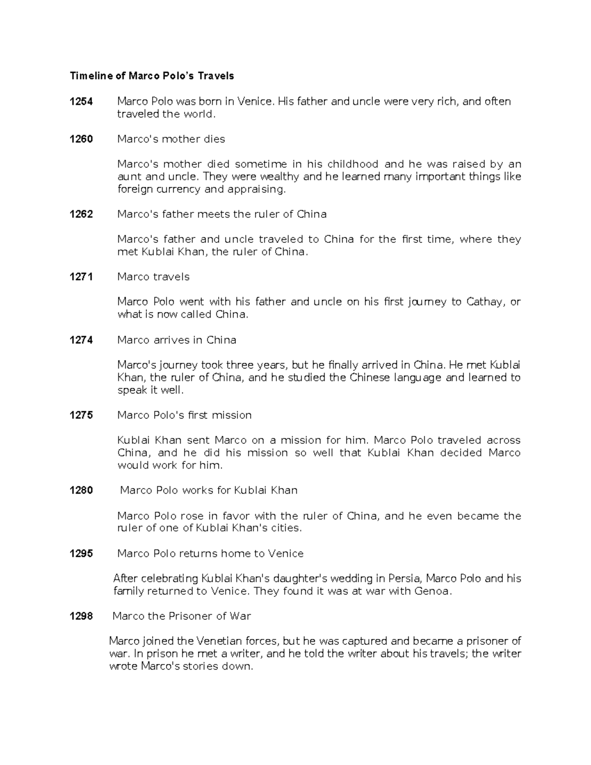 2 Timeline-of-Marco-Polos-Travels - Timeline of Marco Polo’s Travels ...