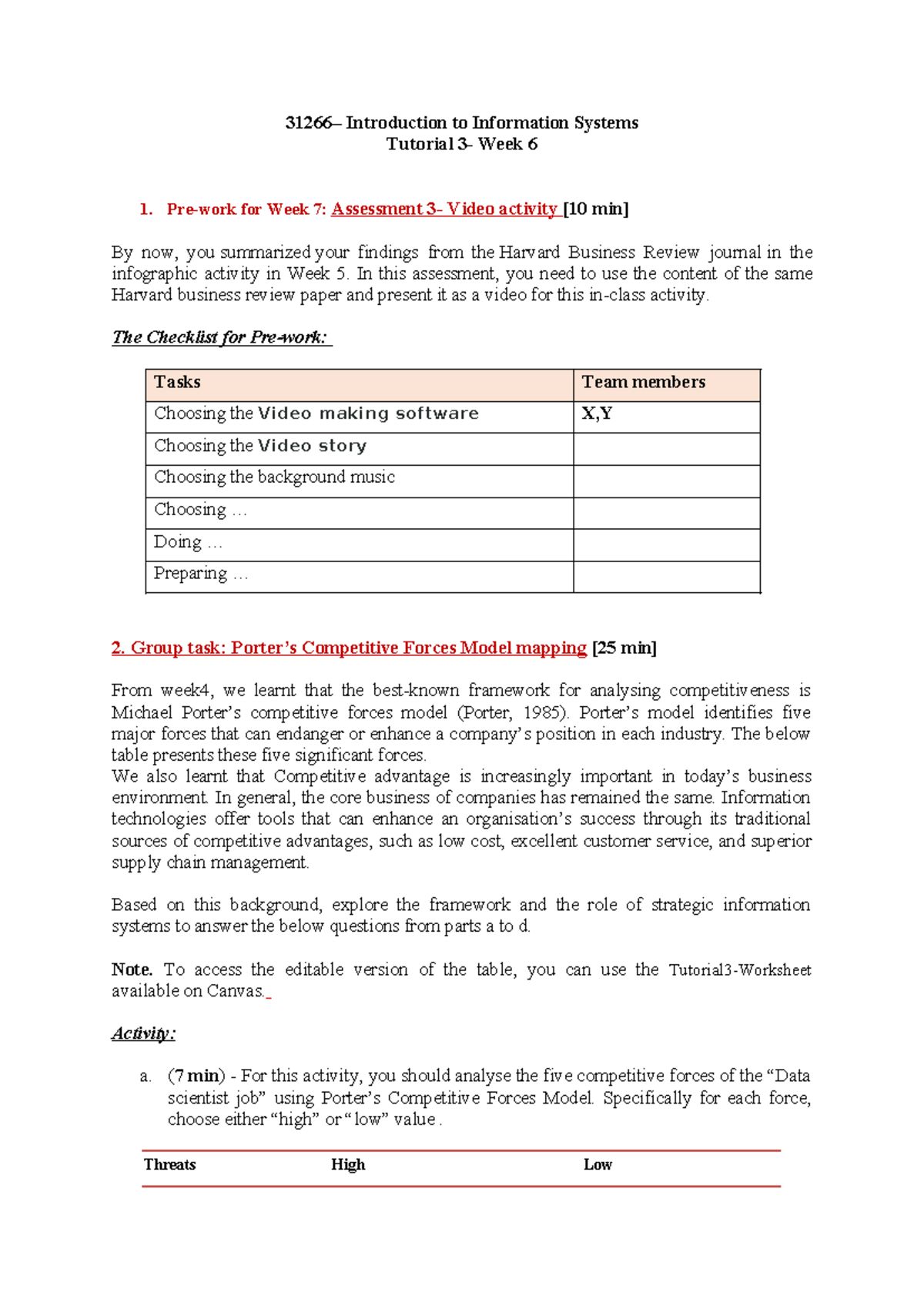 W6-2 - worksheet - 31266– Introduction to Information Systems Tutorial 3- Week 6 1. Pre-work for ...