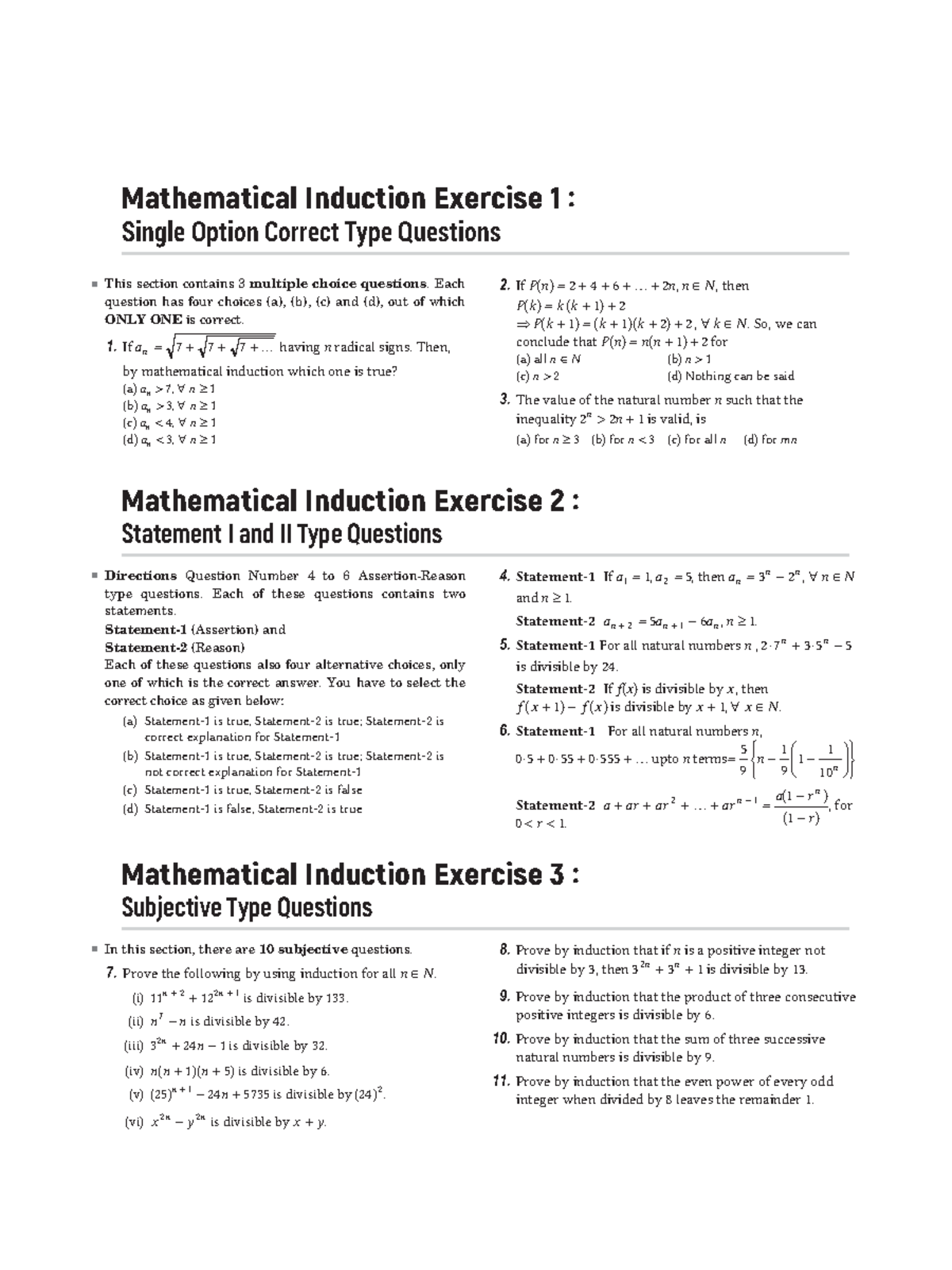 1. Mathematical Induction Exercises - This section contains 3 multiple choice questions. Each ...