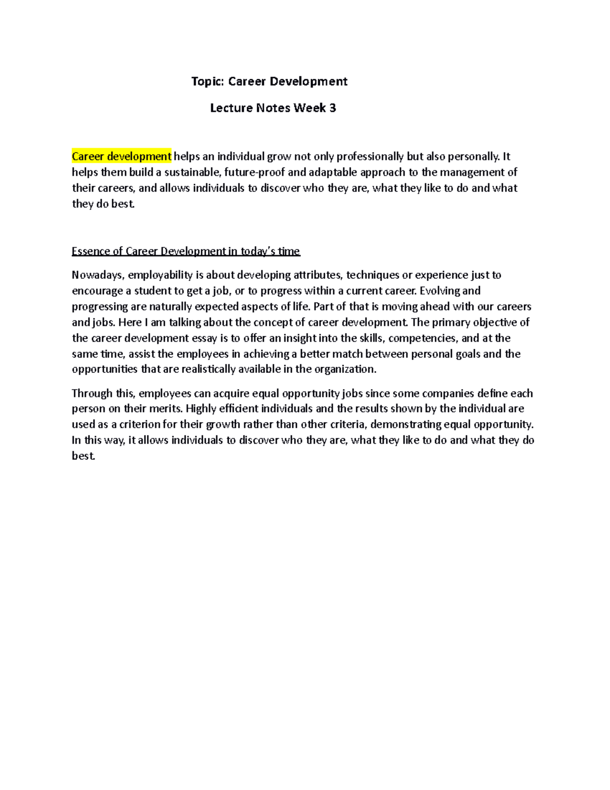 Career Development - Topic: Career Development Lecture Notes Week 3 ...