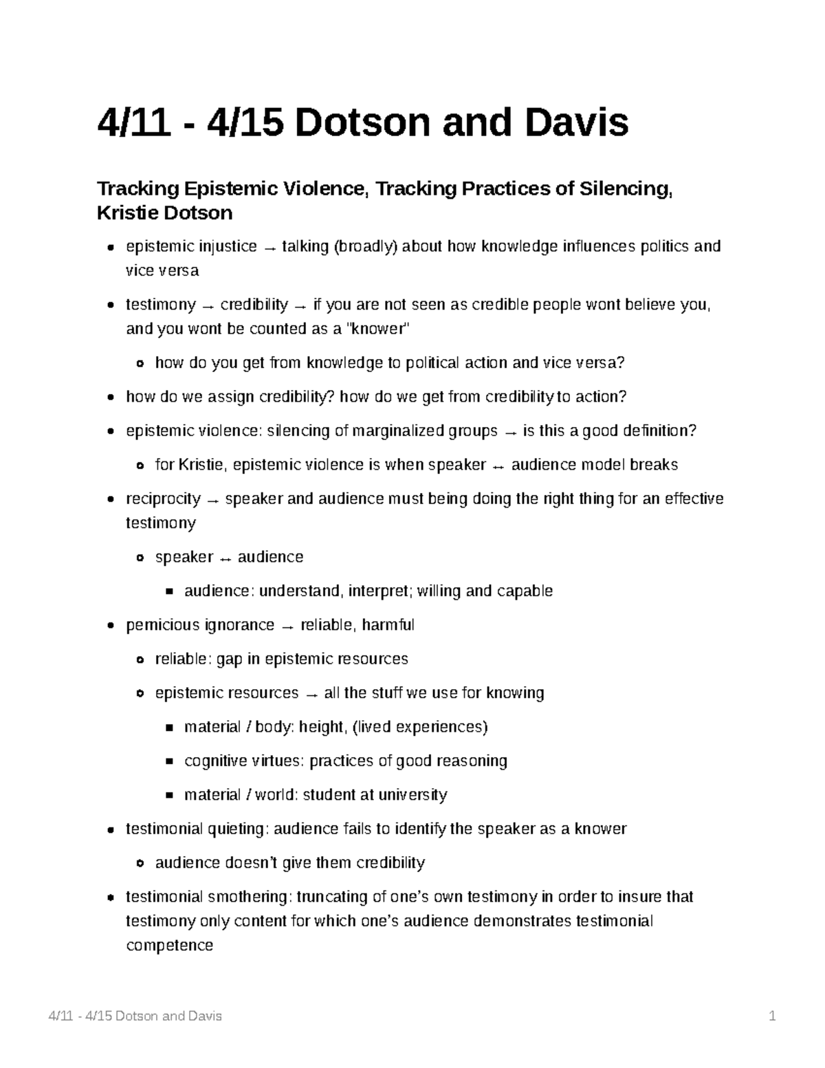 Notes on Dotson and Davis - 4/11 - 4/15 Dotson and Davis 1 4/11 - 4/15 ...