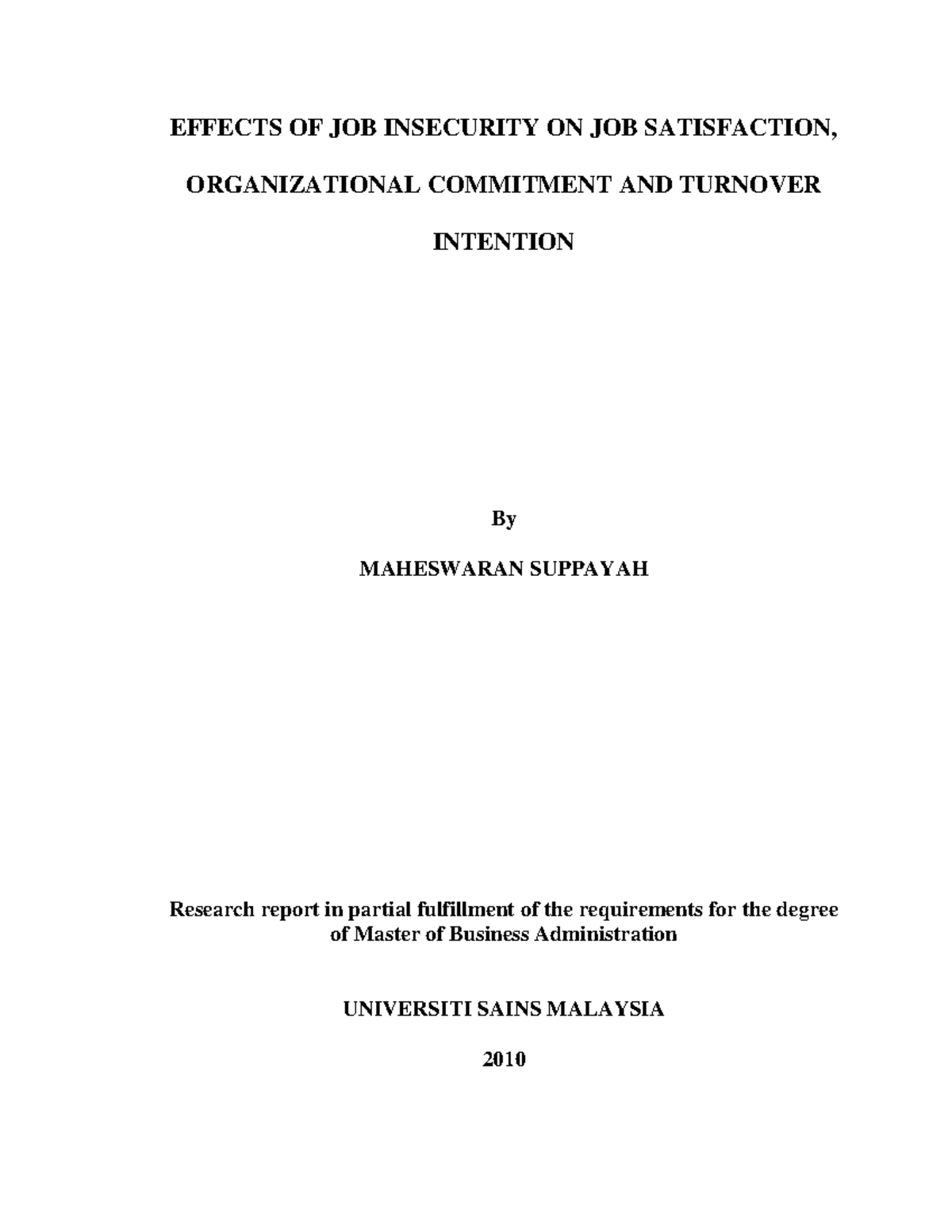 Effects of Job Insecurity on Job Satisfaction Organizational Commitment and Turnover - Studocu