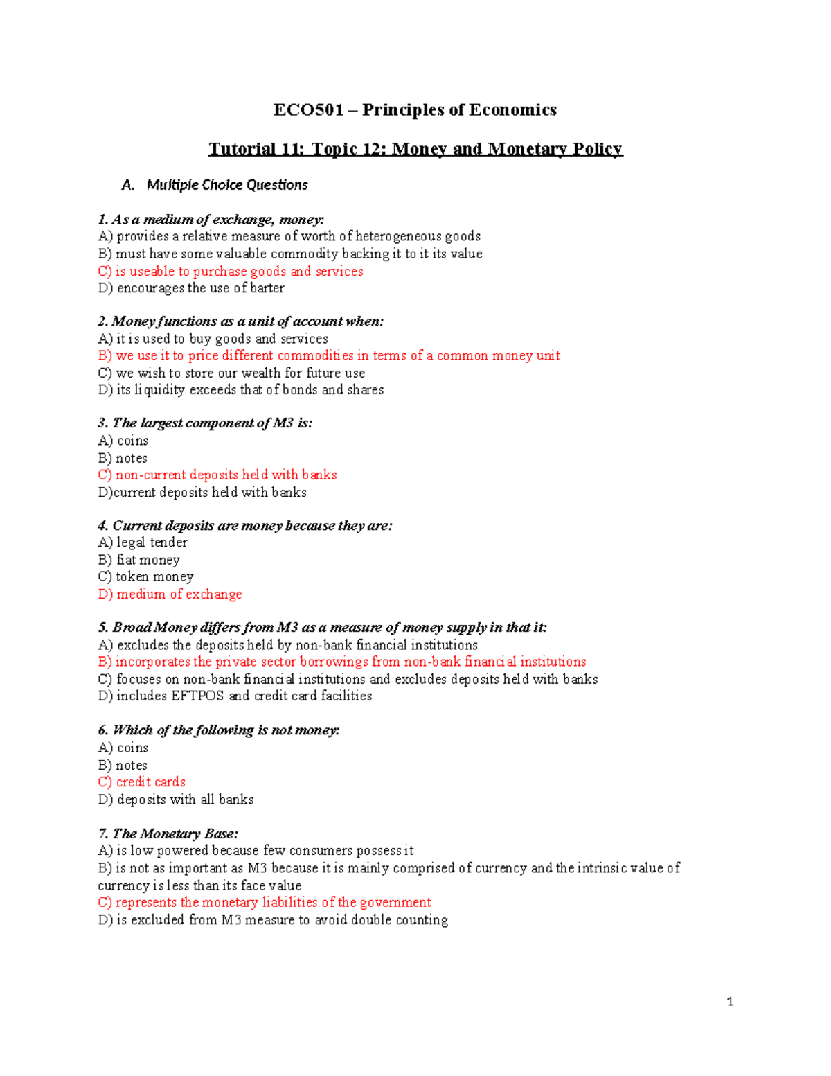 Tutorial 11 Questions - ECO501 – Principles of Economics Tutorial 11 ...