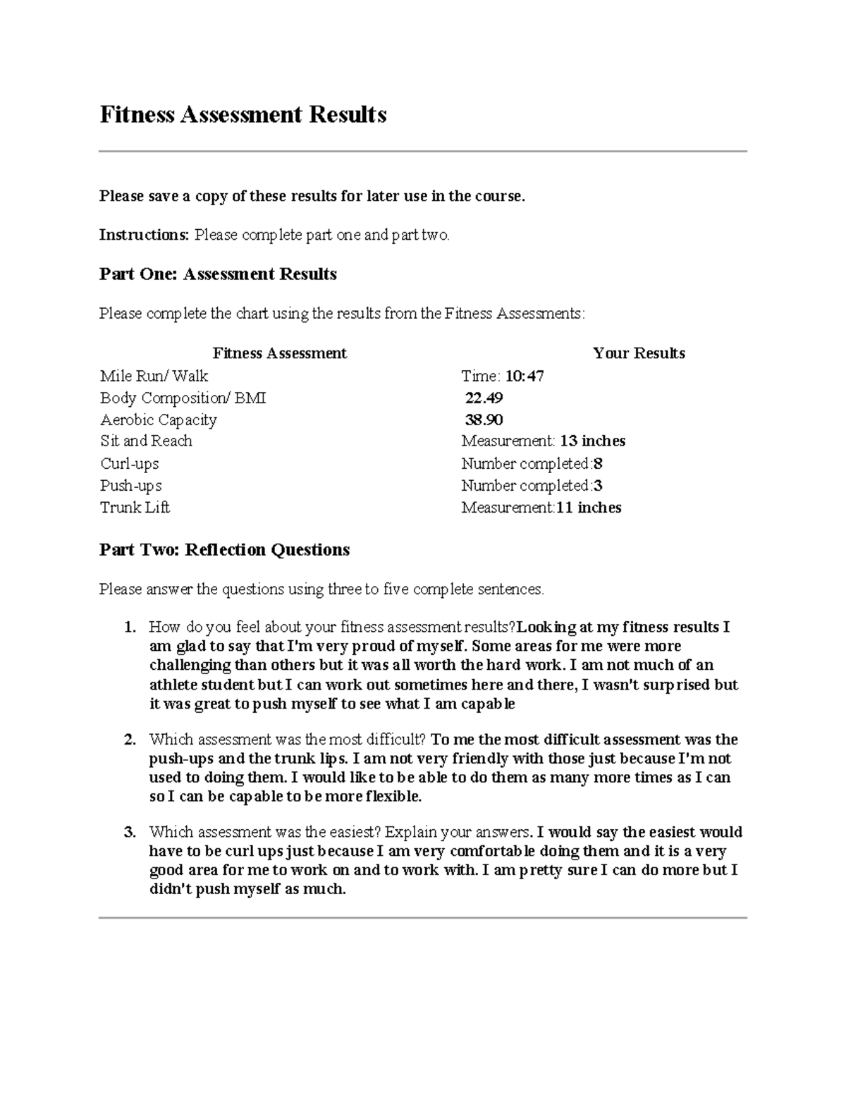 Fitness assessment - Instructions: Please complete part one and part ...