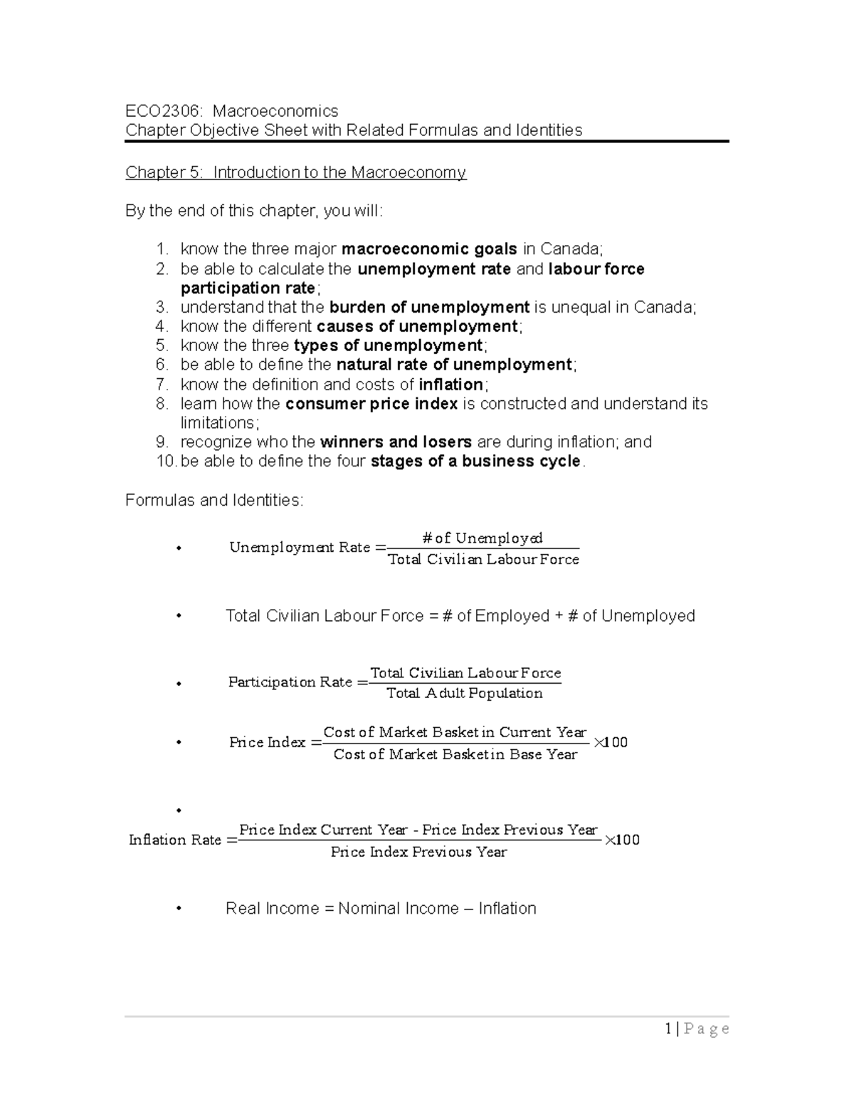 Macro Questions - ECO2306: Macroeconomics Chapter Objective Sheet with ...