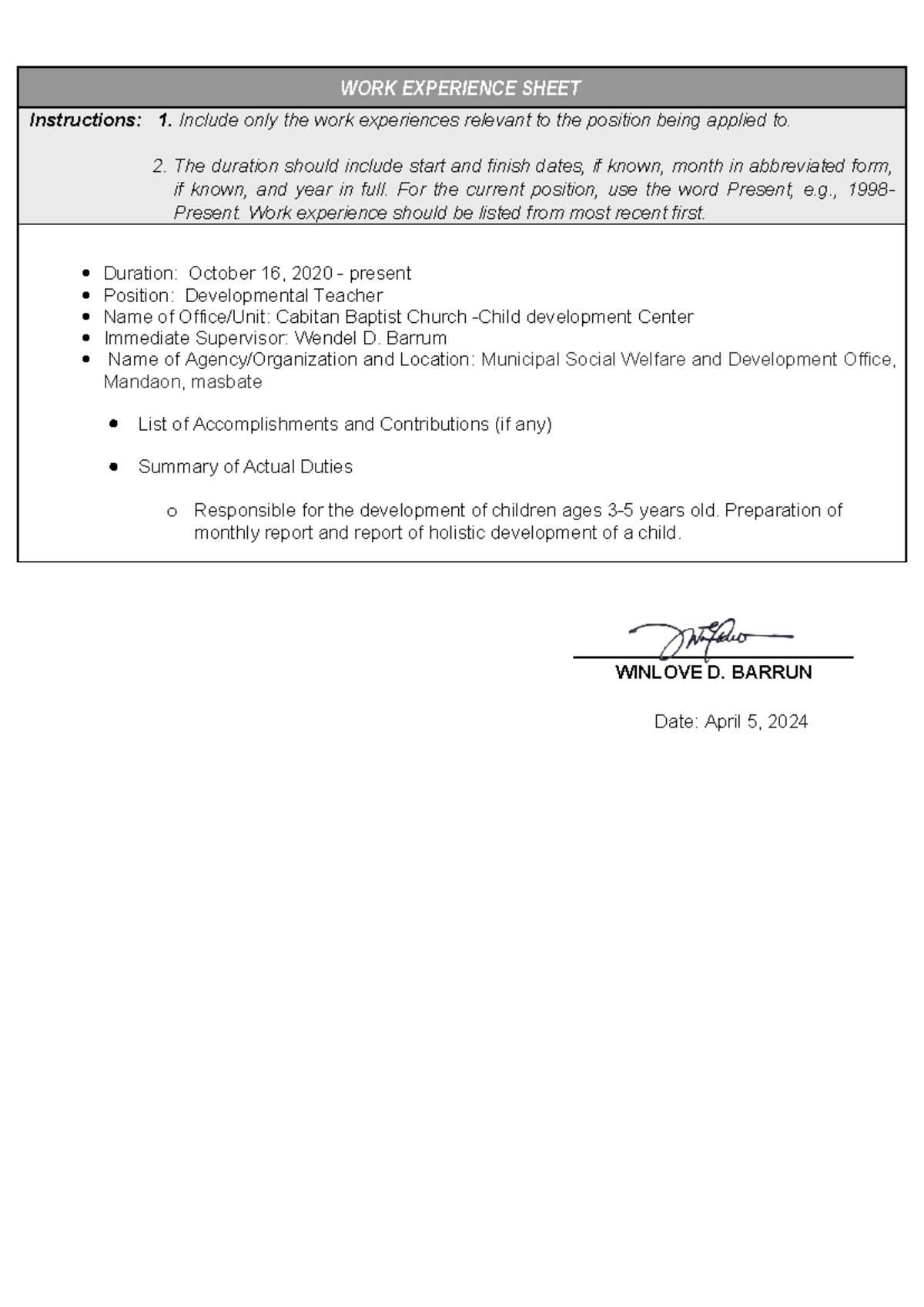 CS Form No. 212 Attachment - Work Experience Sheet - WINLOVE D. BARRUN ...