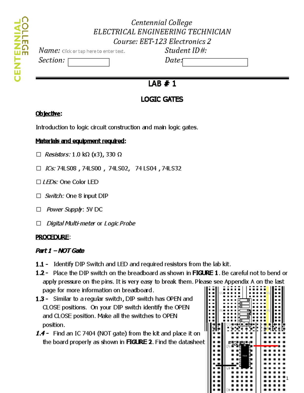 EET 123 Lab 1 - Centennial College - Centennial College ELECTRICAL ...